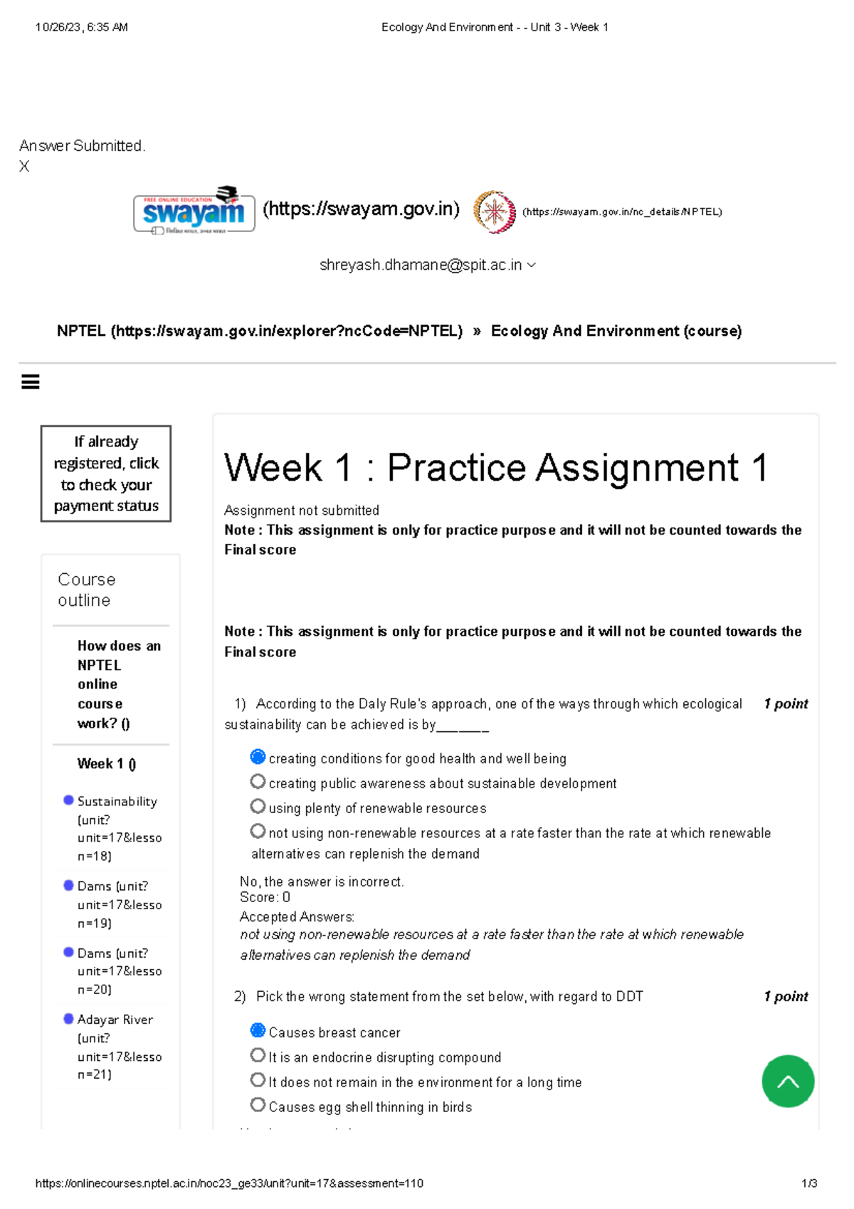 Assignments merged - Answer Submitted. X NPTEL (swayam.gov/explorer ...