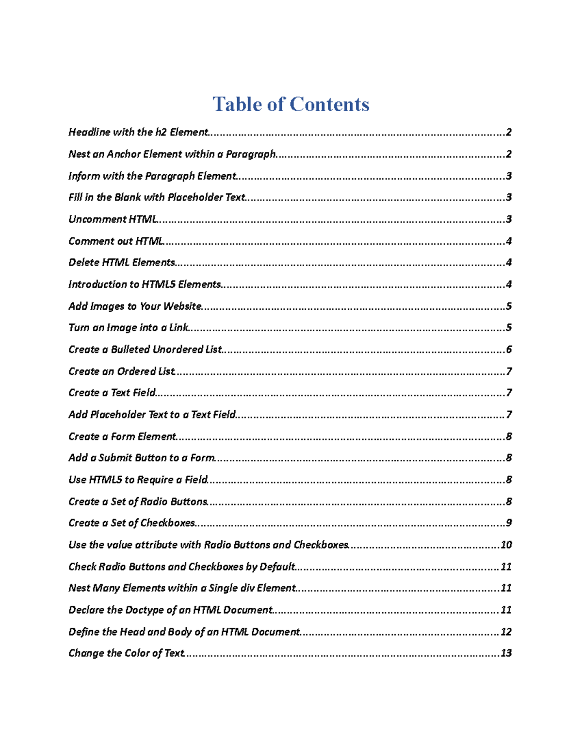 HTML for Web - HTML for Web.docx - Table of Contents Headline with the ...