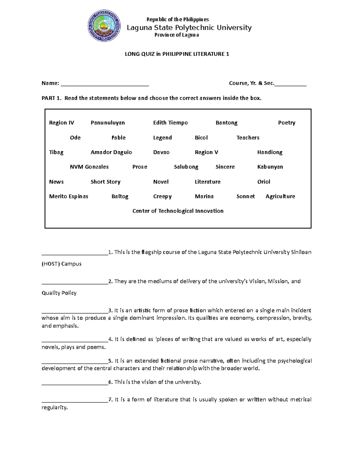 LONG QUIZ in LIT1 - I NEED THIS for my lecture and for my Knowledge to ...