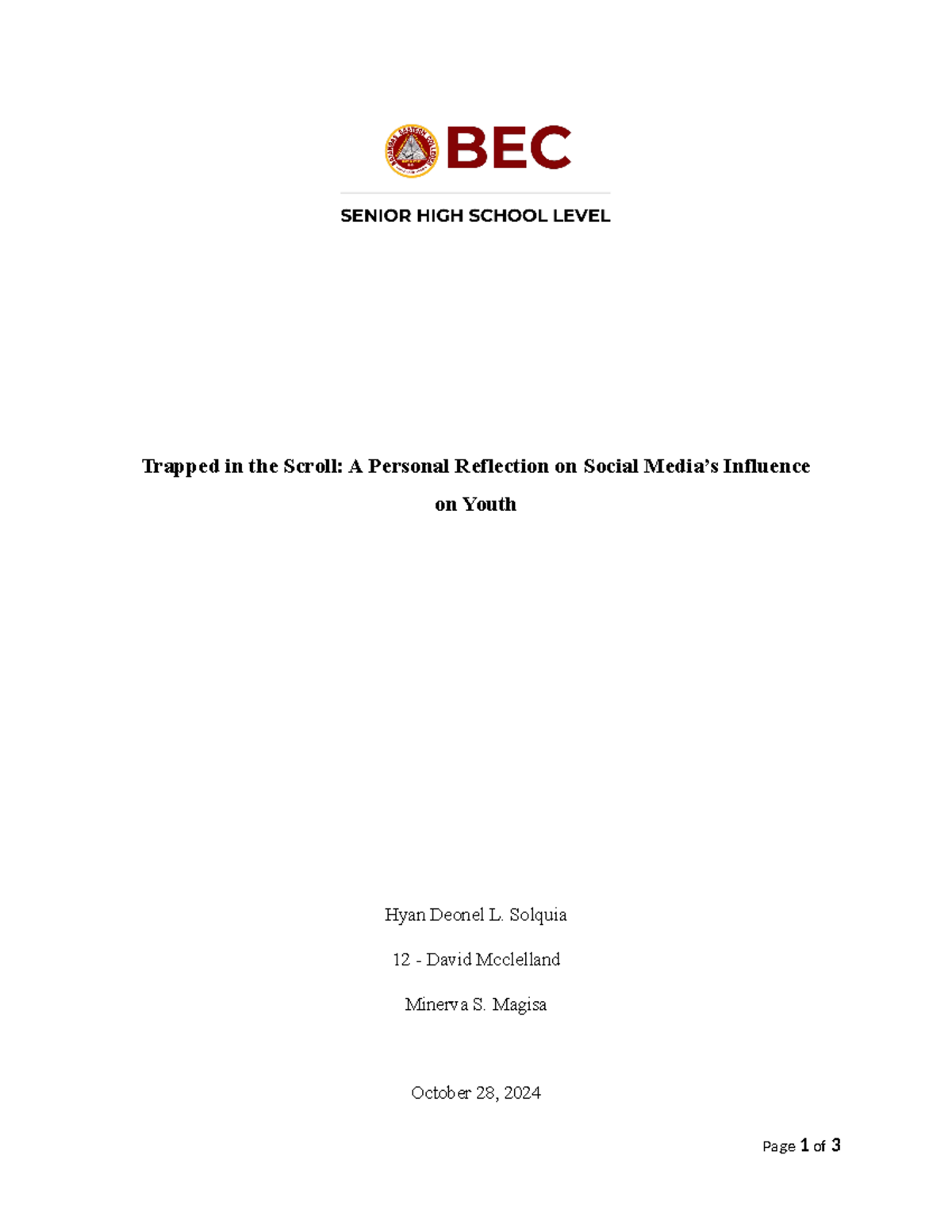 Reflection Paper Social media on youth - Trapped in the Scroll: A ...