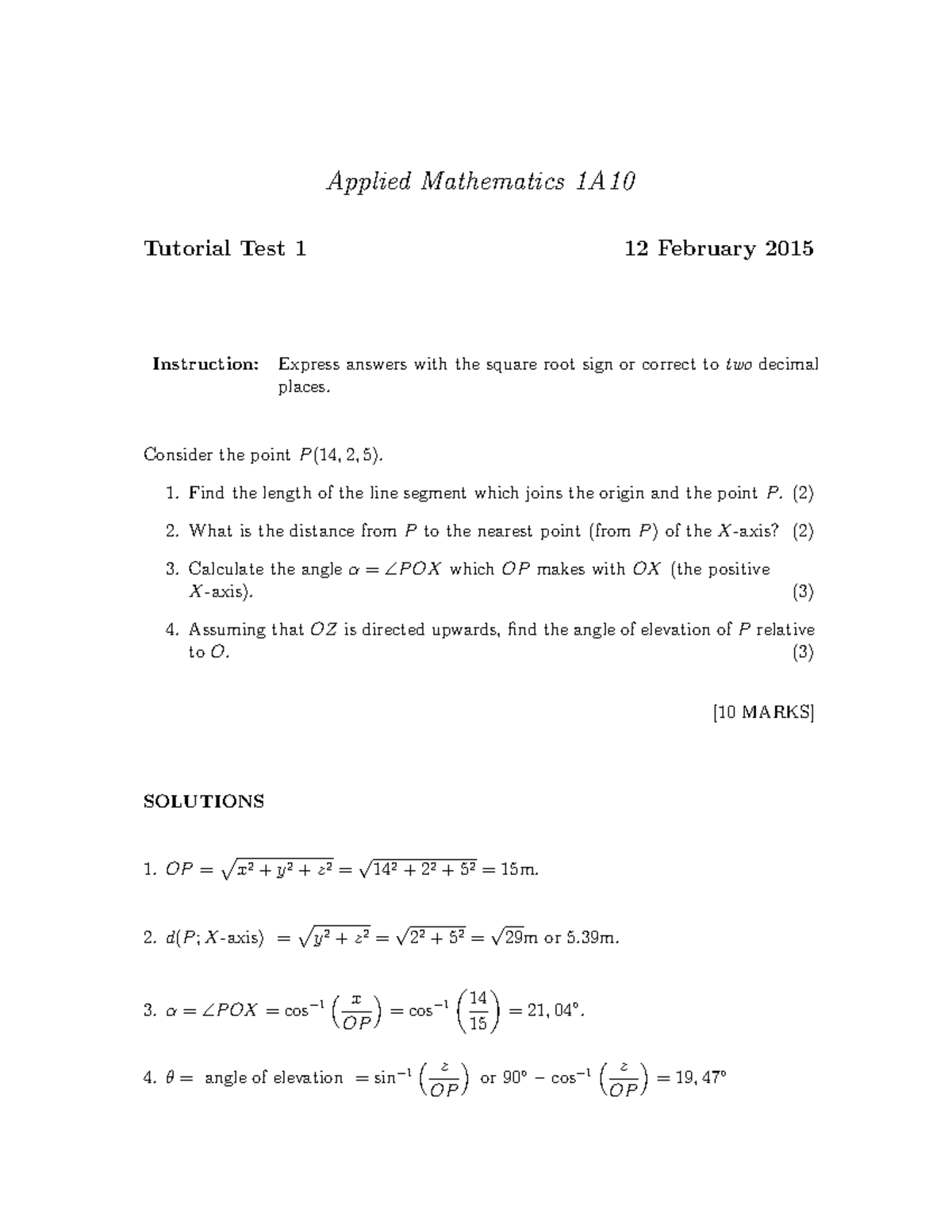 Tuttest 1 + Sol apm1a1015 - Applied Mathematics 1A10 Tutorial Test 1 12 ...