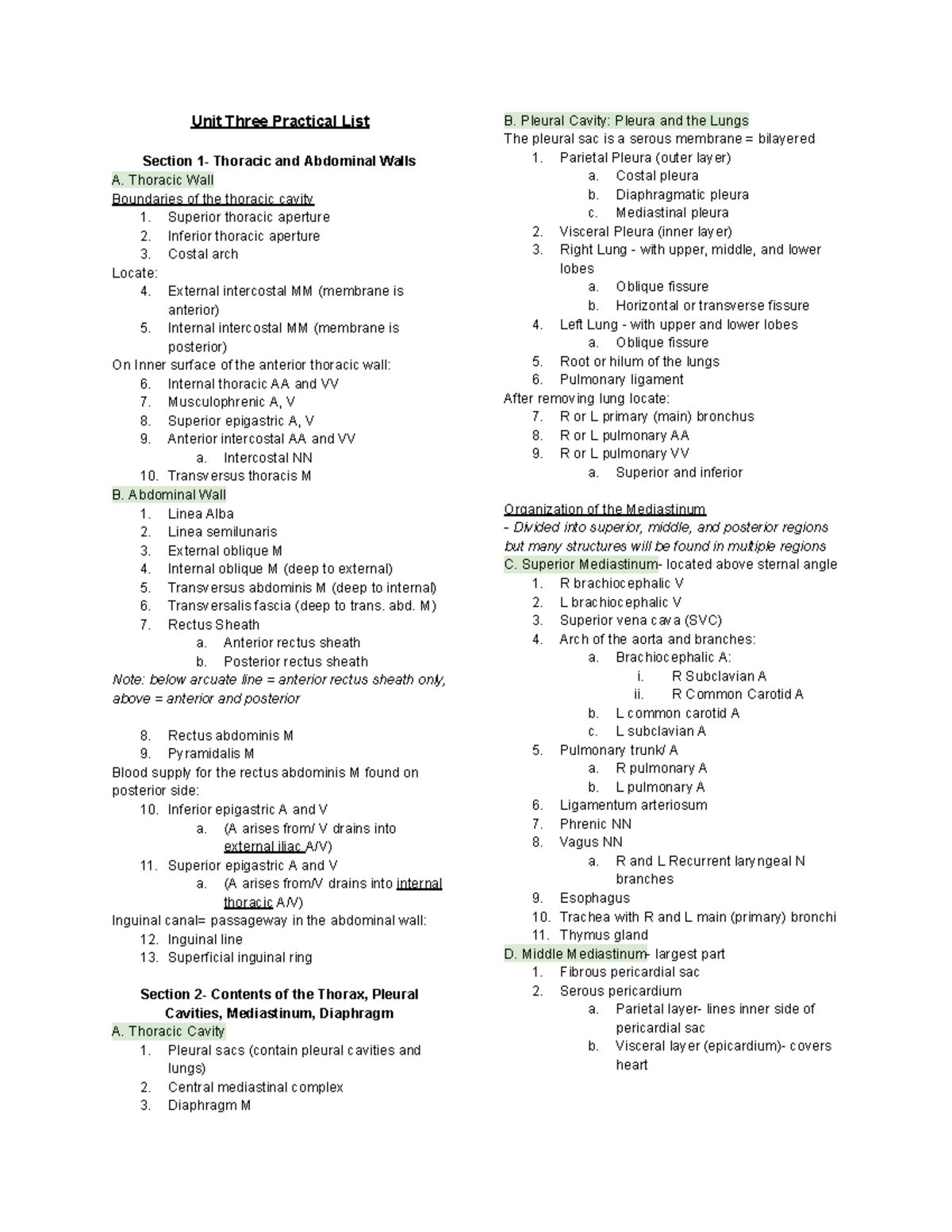 Unit 3- Practical List - Unit Three Practical List Section 1- Thoracic and Abdominal Walls A ...