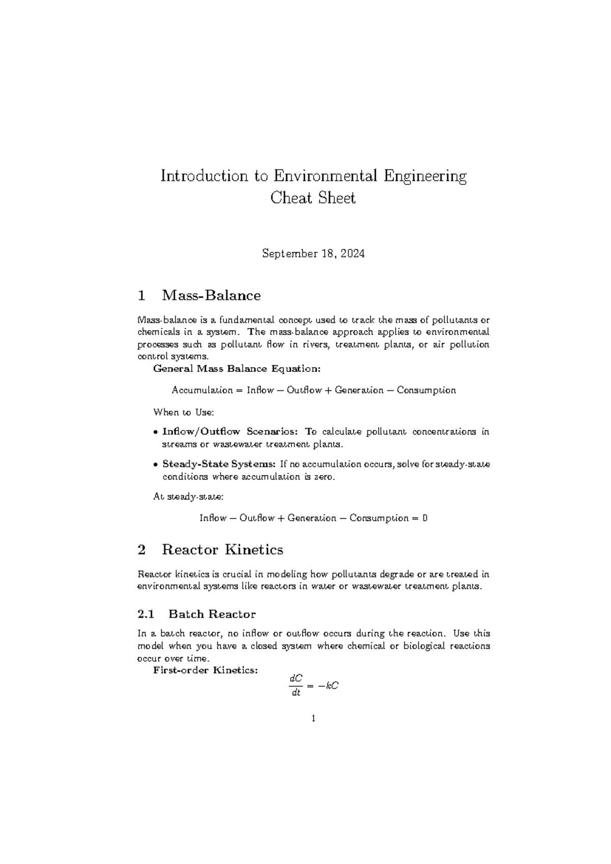 Enviro Cheat Sheet - Formulaes for test 1 - Introduction to ...