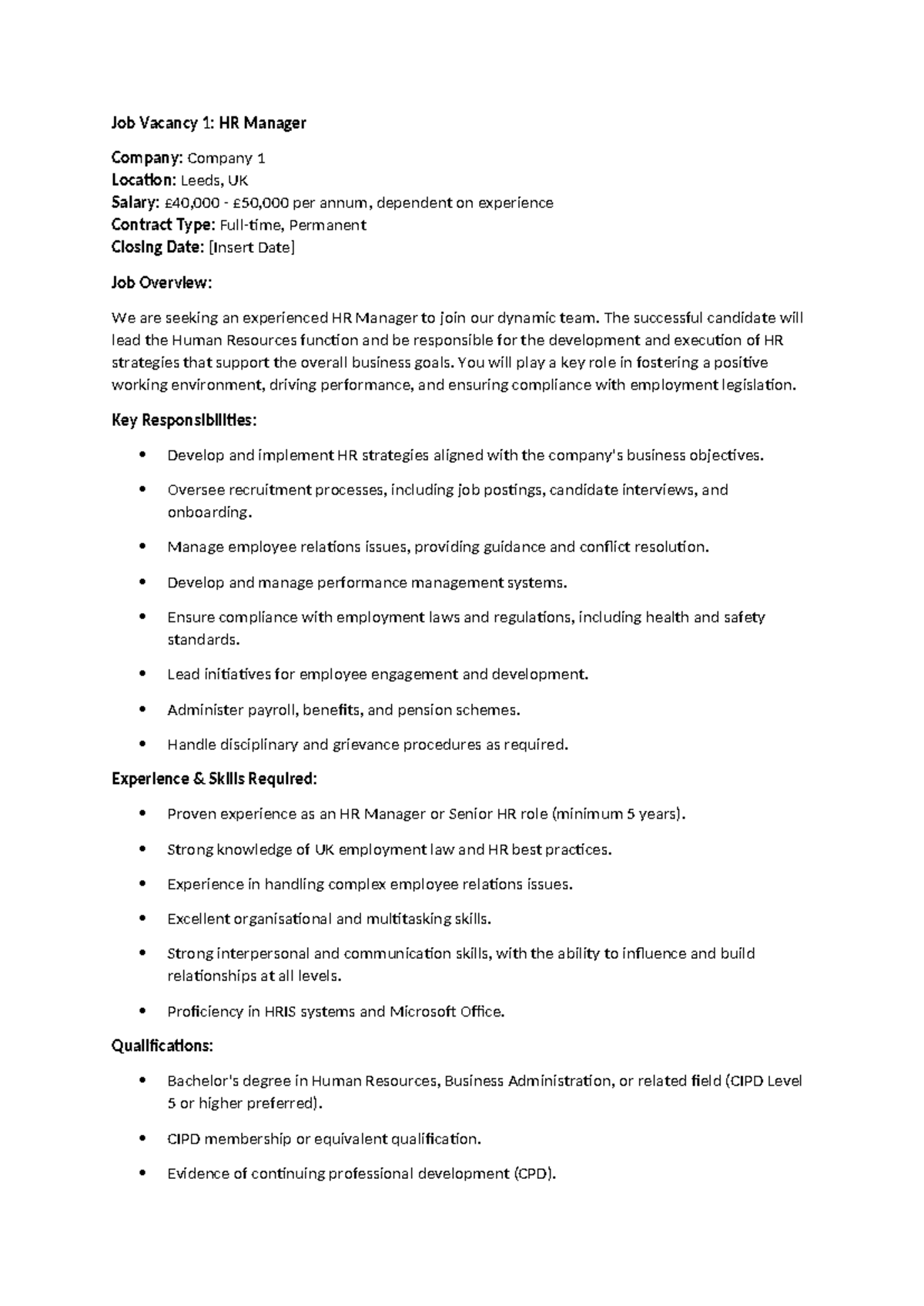 Job Vacancy Worksheet - ASSIGNMENT - Job Vacancy 1: HR Manager Company ...