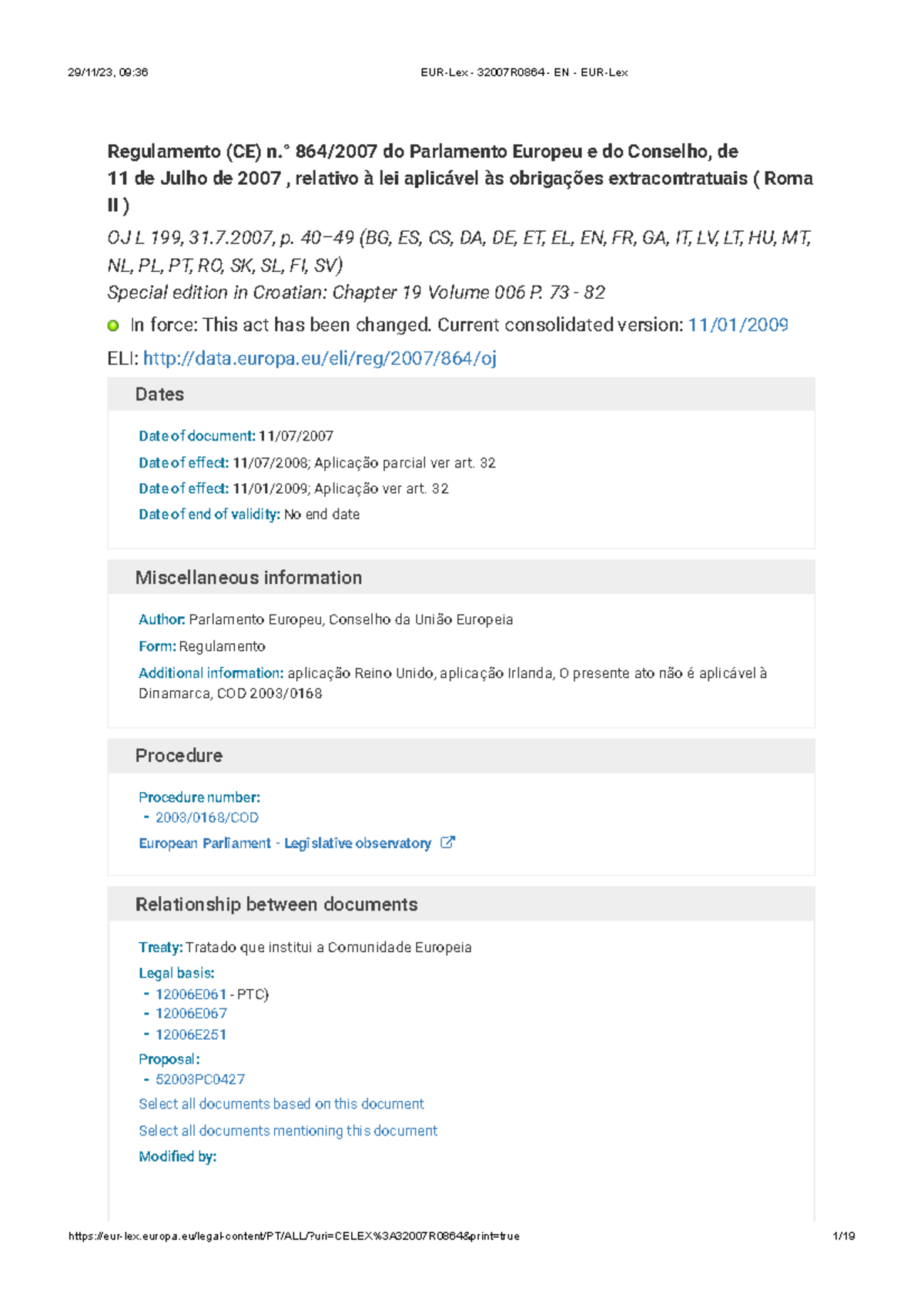 Reg. Roma II - Reg. Roma II - Regulamento (CE) n.° 864/2007 do ...