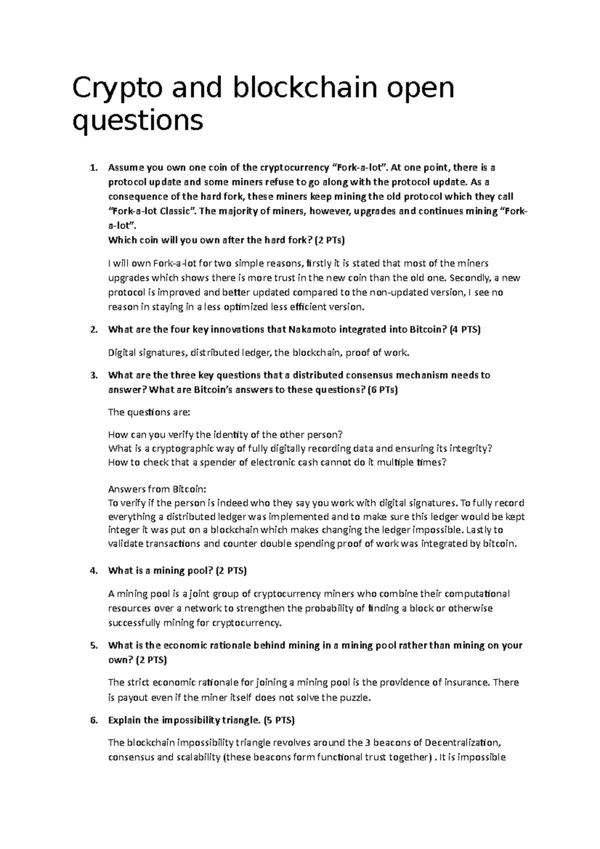 Open questions for exam - Crypto and blockchain open questions Assume ...