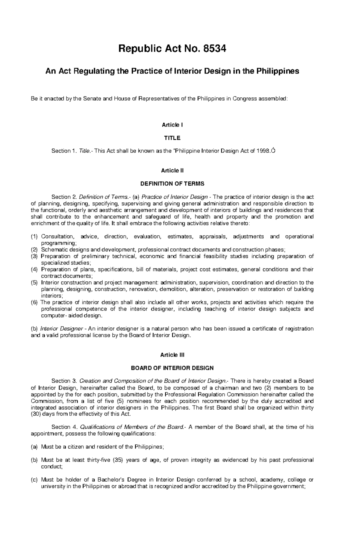 RA 8534 Interior Design Law (old) - Republic Act No. 8534 An Act ...