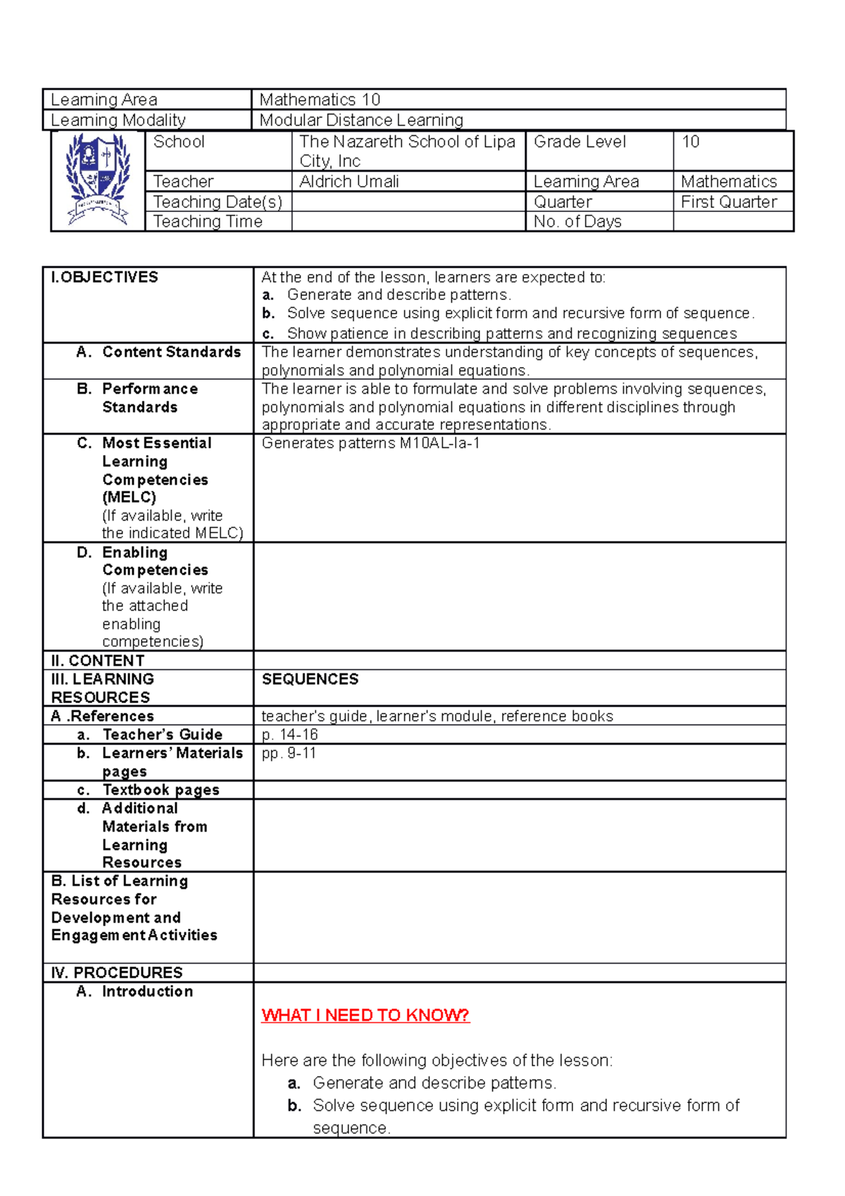 Sequences - Learning Area Mathematics 10 Learning Modality Modular ...