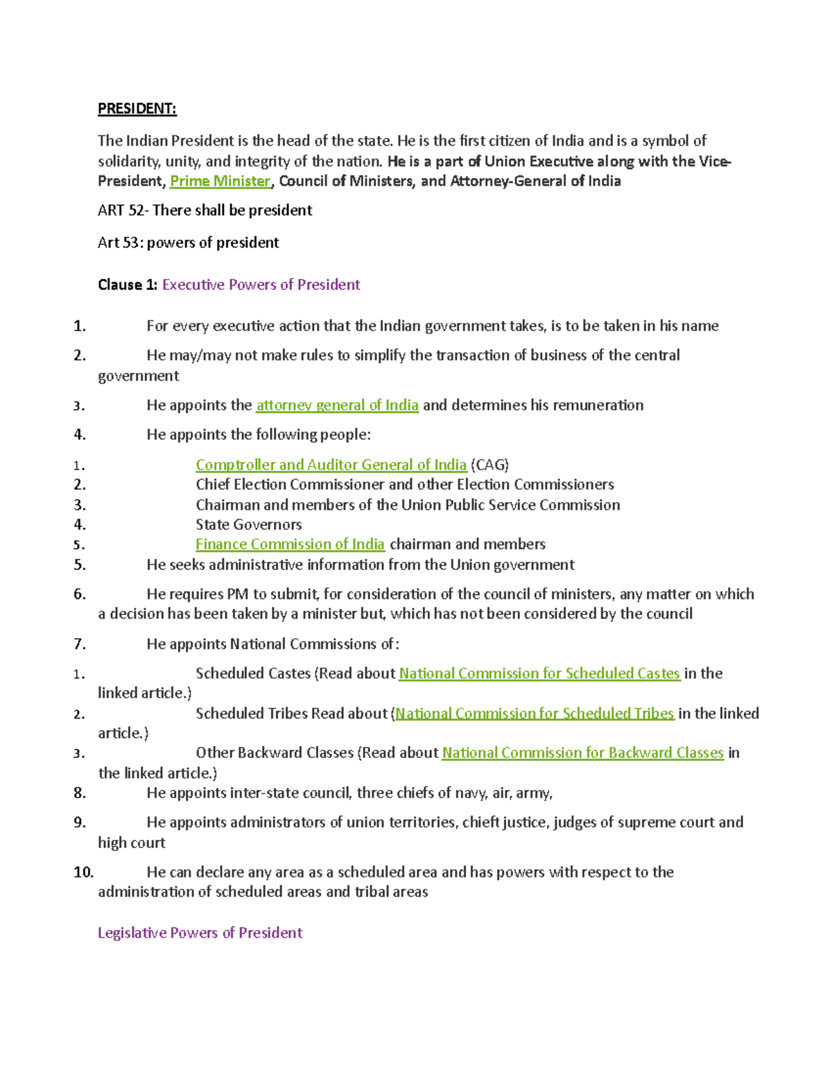 Constitutional law 2 - Notes - PRESIDENT: The Indian President is the ...