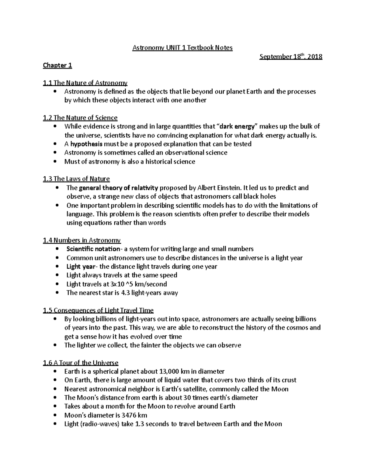Unit 1 Textbook Notes - Astronomy UNIT 1 Textbook 18th, The Nature of ...