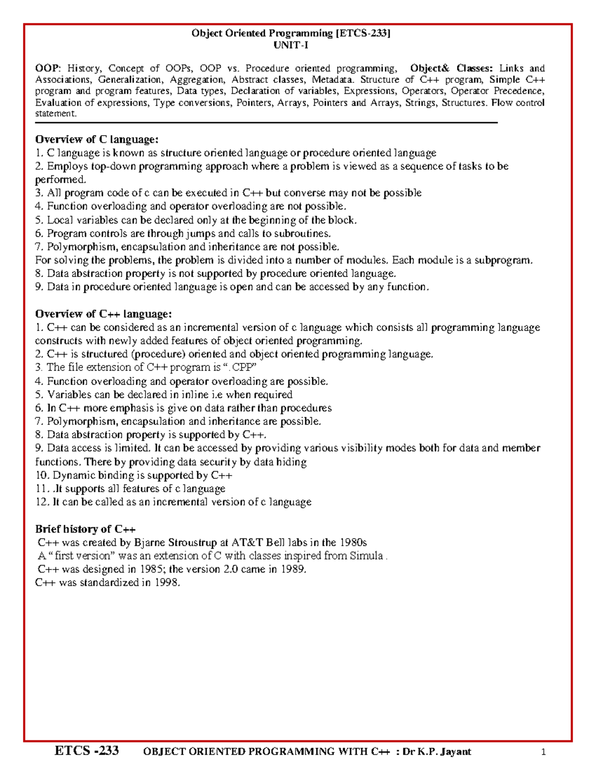 OOPs Unit 1 - it is a oops concepts basically used in python and java - Object Oriented ...