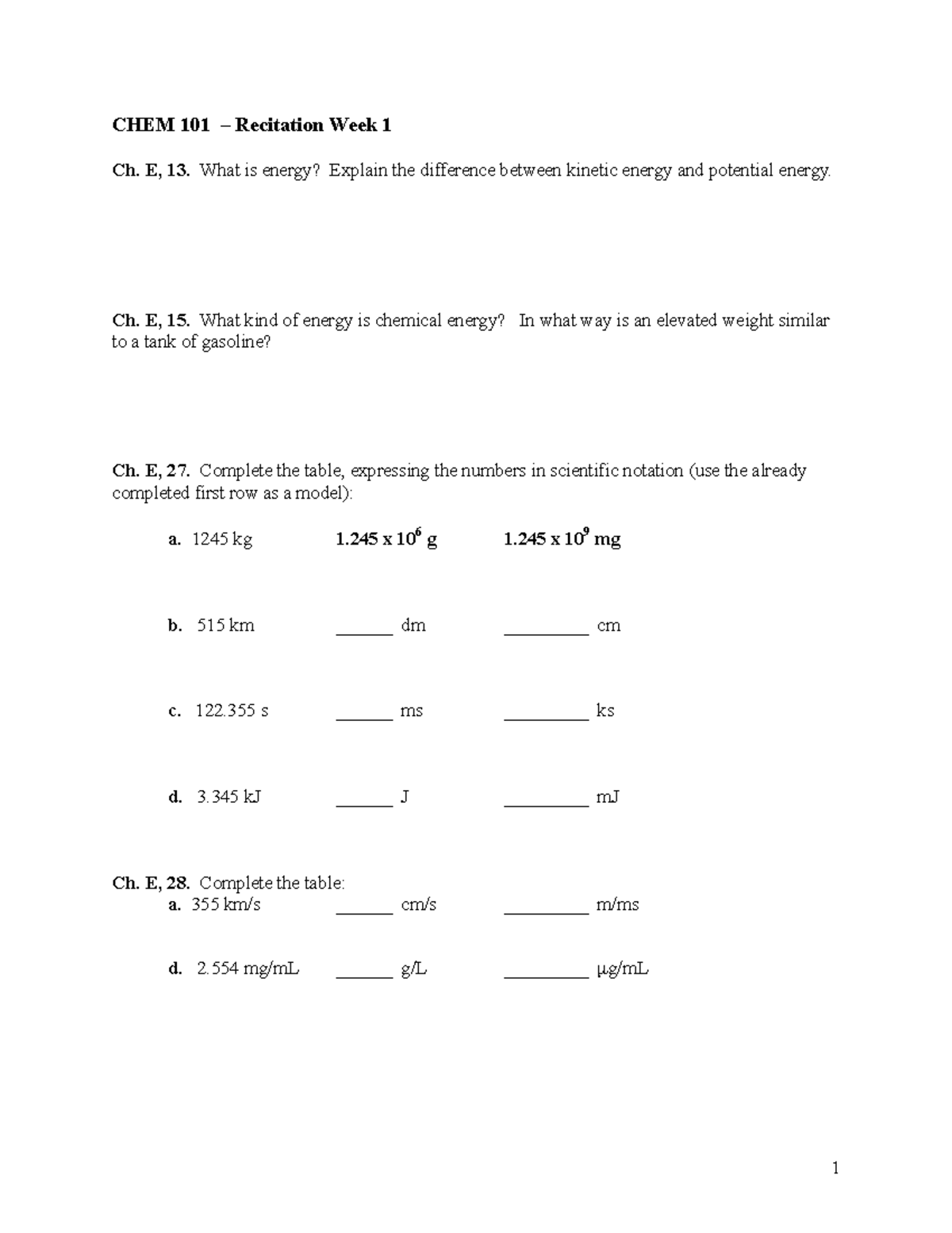 CHEM 101 Recitation Week 1 - CHEM 101 – Recitation Week 1 Ch. E, 13 ...