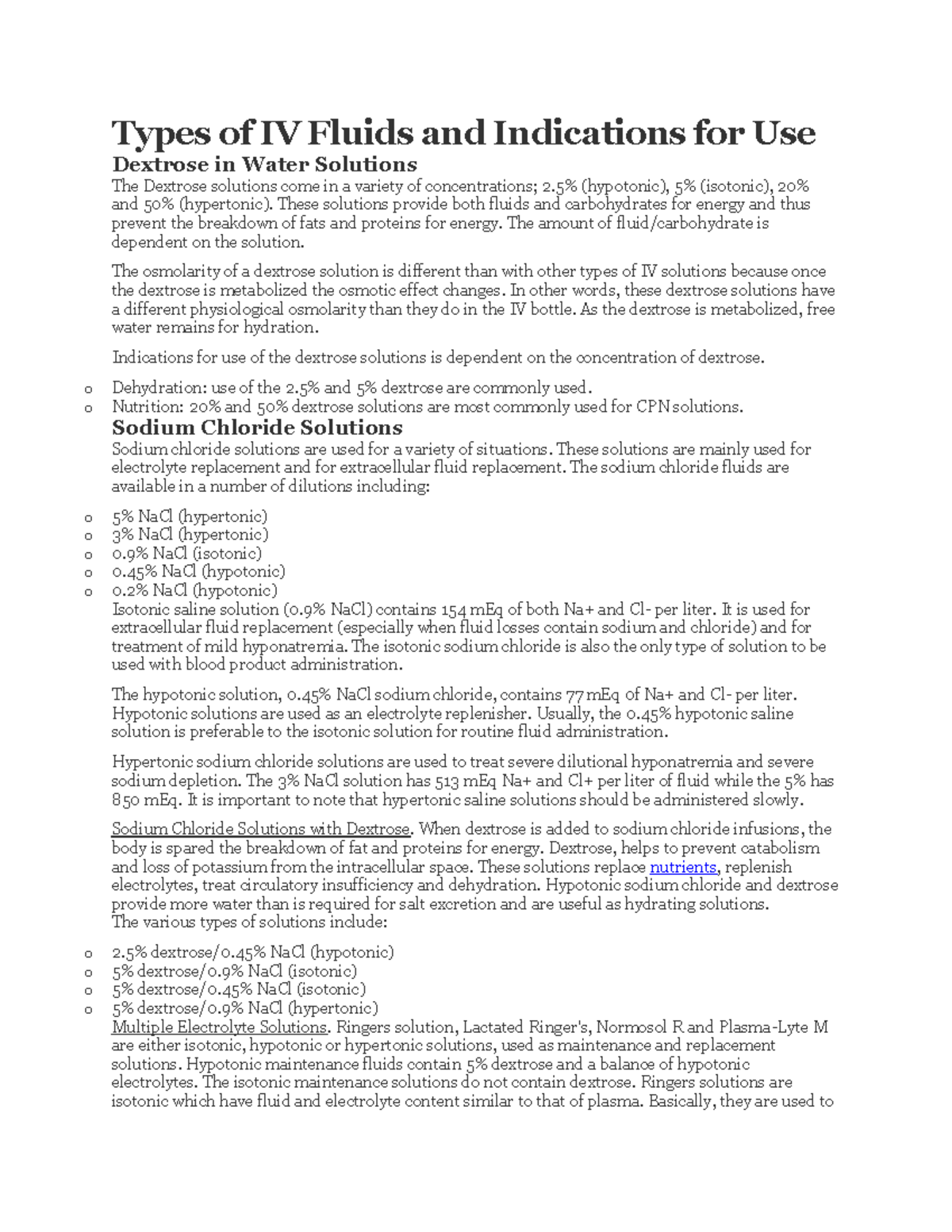 Types of Hypo, iso, Hyper fluids and uses - Types of IV Fluids and ...