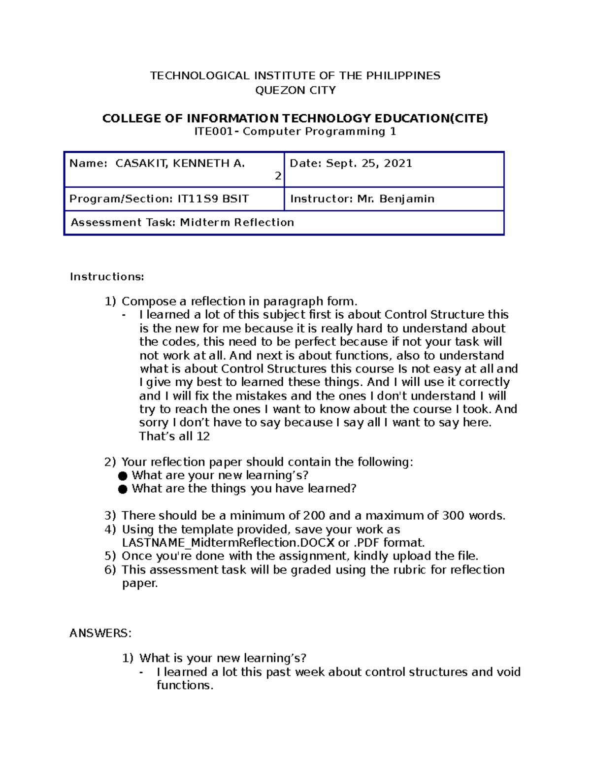 Casakit Midterm Reflection Template - TECHNOLOGICAL INSTITUTE OF THE ...