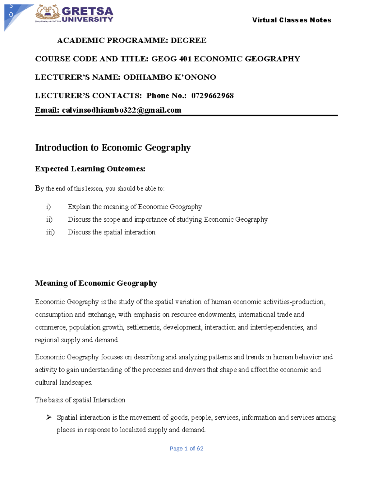 GEOG 401 Economic Geography Notes-1-1 - 0 Virtual Classes Notes ...
