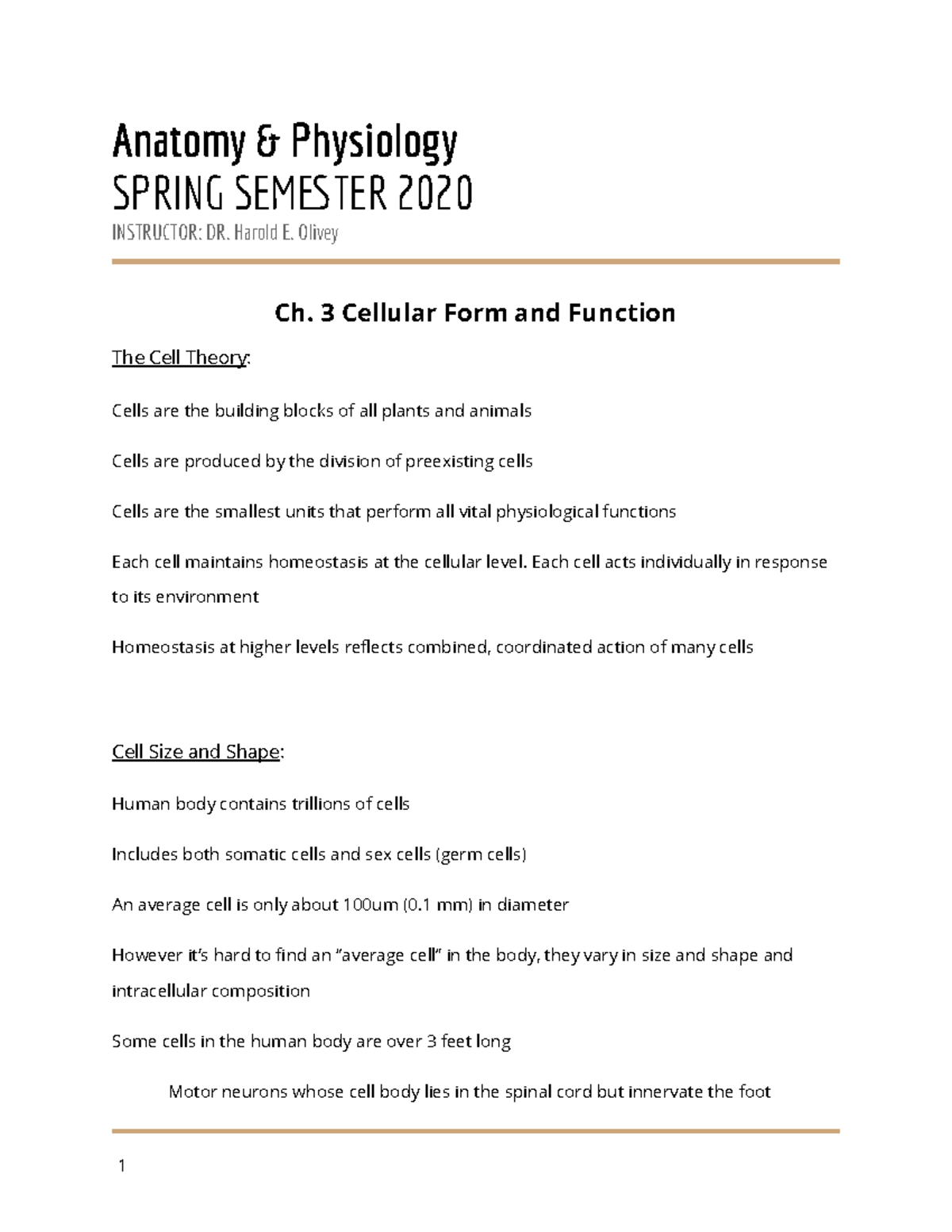 Ch 3 Cellular Form and Function - Anatomy & Physiology SPRING SEMSTER ...