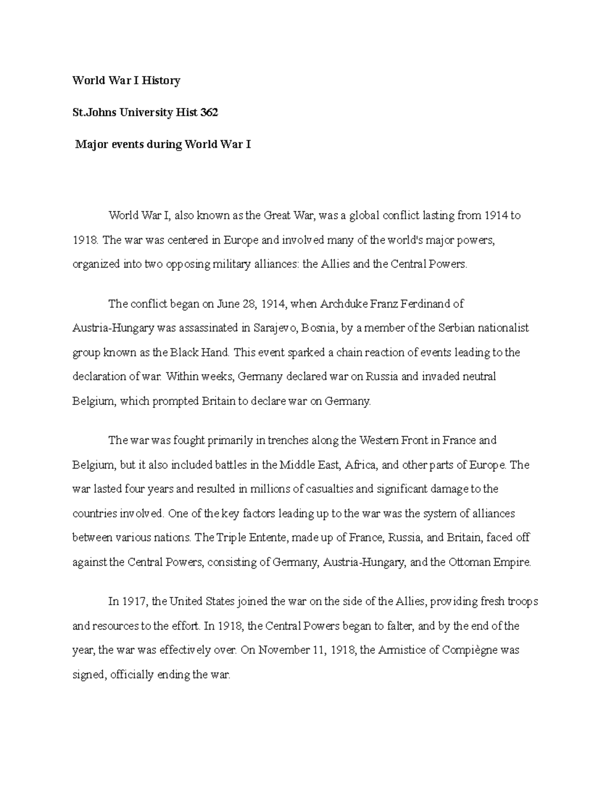 World War I Essay - World War I History St University Hist 362 Major ...