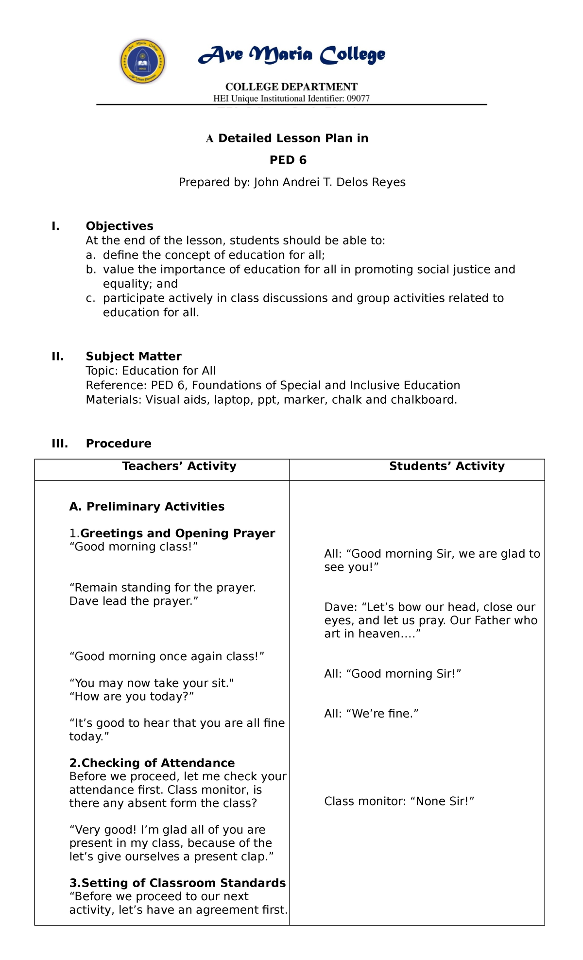 EFA - For Educational Purposes - A Detailed Lesson Plan in PED 6 ...