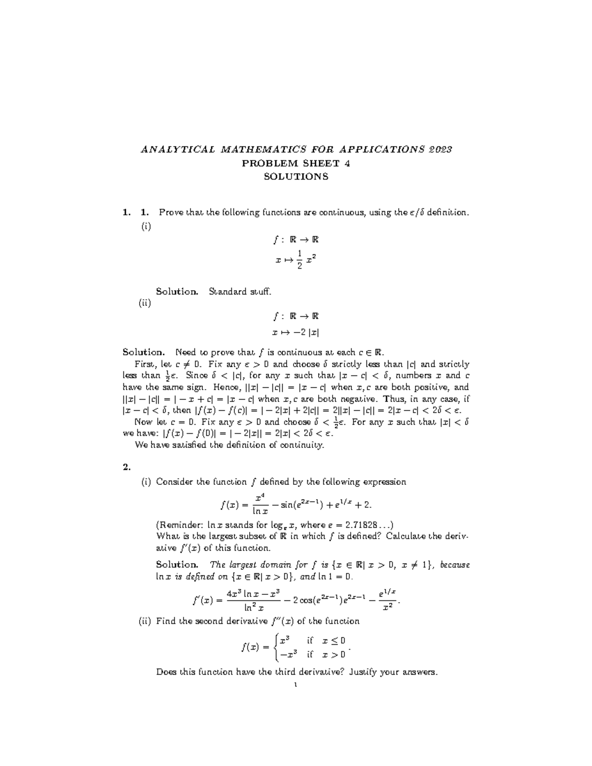 Analytic 23ps4sol - Problem sheet 4 solutions - ANALYTICAL MATHEMATICS FOR APPLICATIONS 2023 ...