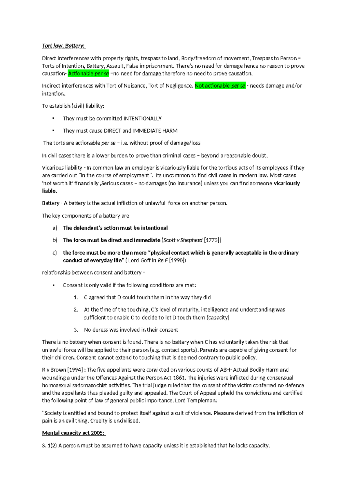 Battery, Tort law - very good - Tort law, Battery: Direct interferences ...