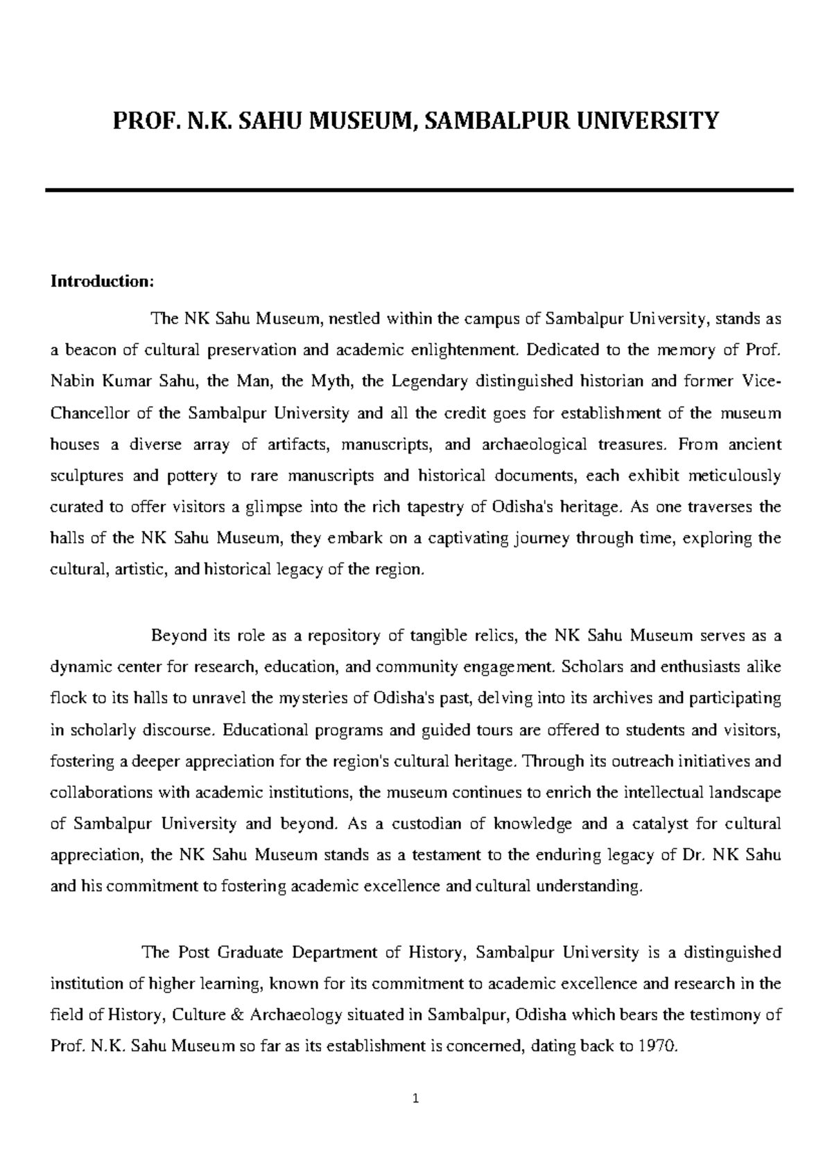 PROF NK SAHU Museum note - PROF. N. SAHU MUSEUM, SAMBALPUR UNIVERSITY ...