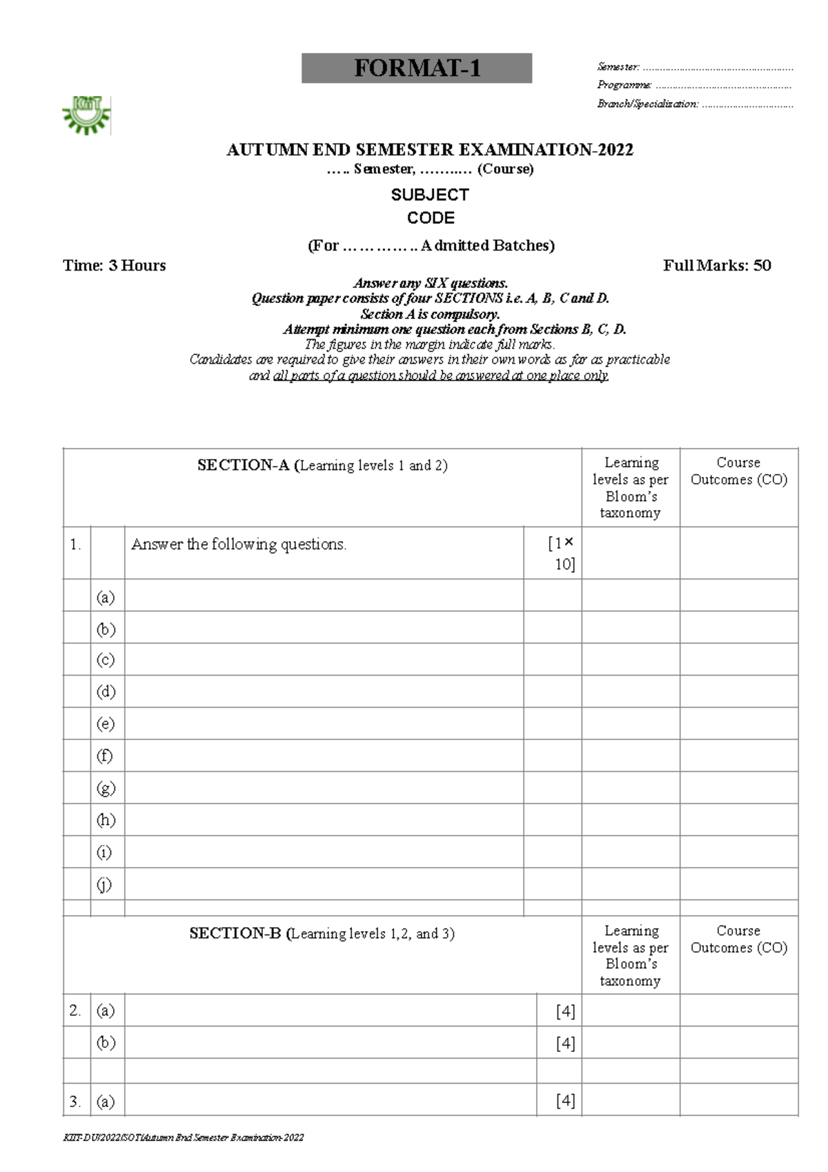 End Semester Question Format 1 - AUTUMN END SEMESTER EXAMINATION ...
