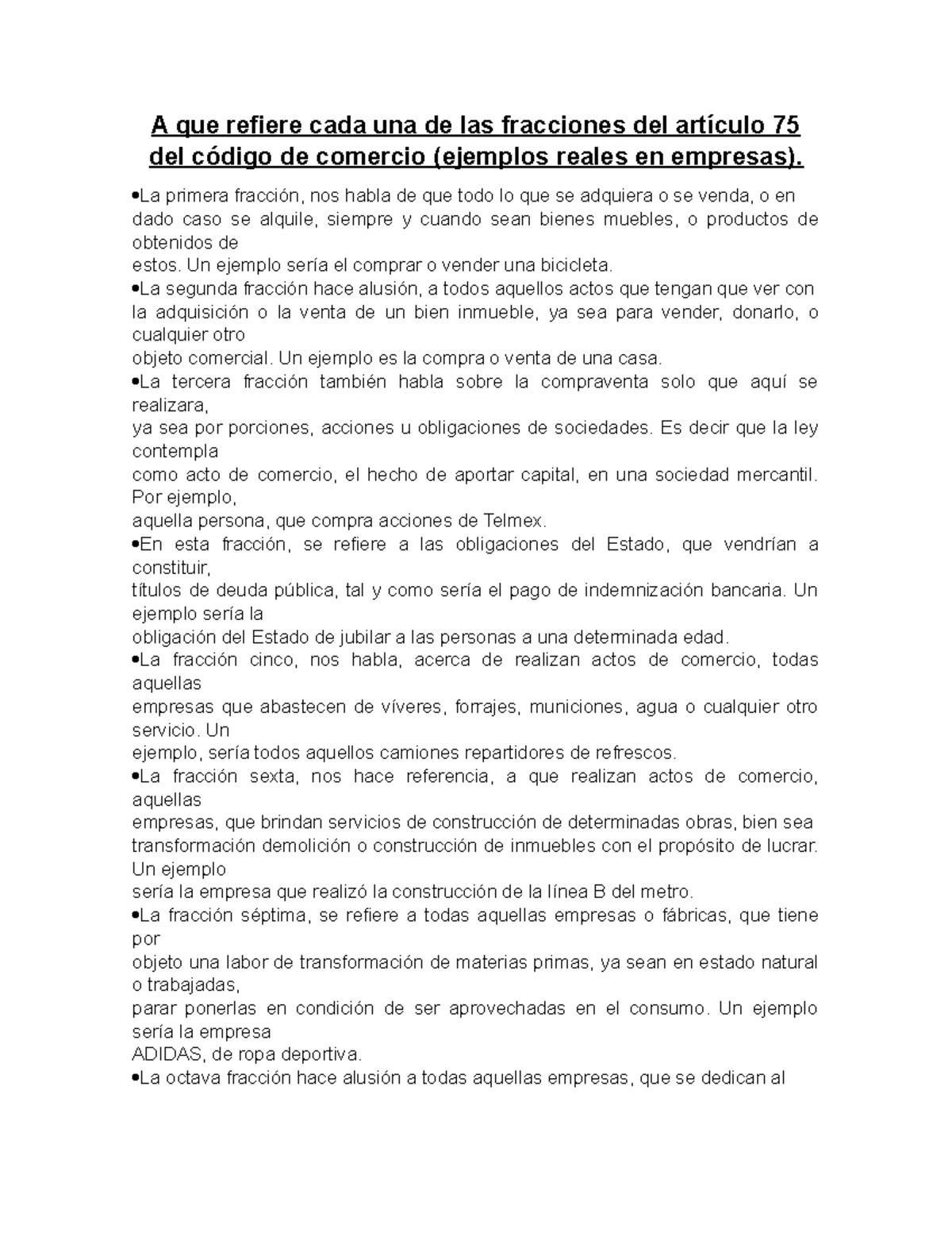 Codigo de comercio art. 75 - A que refiere cada una de las fracciones del artículo 75 del código ...