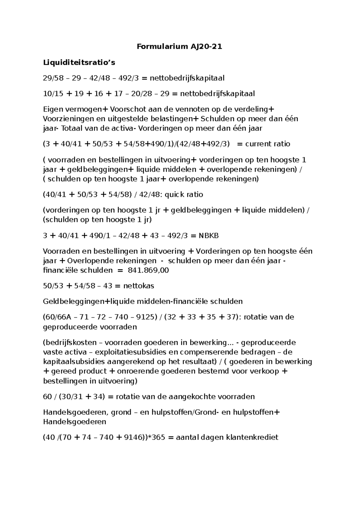 Formularium Bedrijfeconomie - Formularium AJ20- Liquiditeitsratio’s 29/ ...