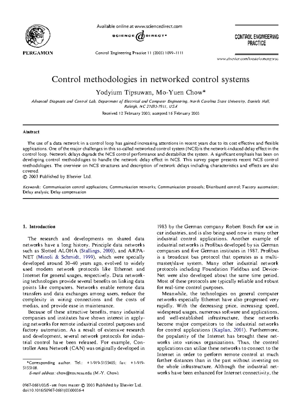 Control Methodologies In Networked Control Systems Control
