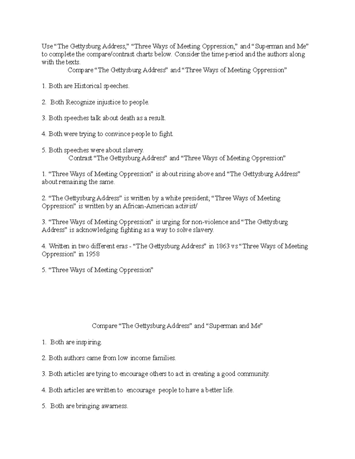Compare Contrast GA, 3 WAYS, AND Superman - Use “The Gettysburg Address ...