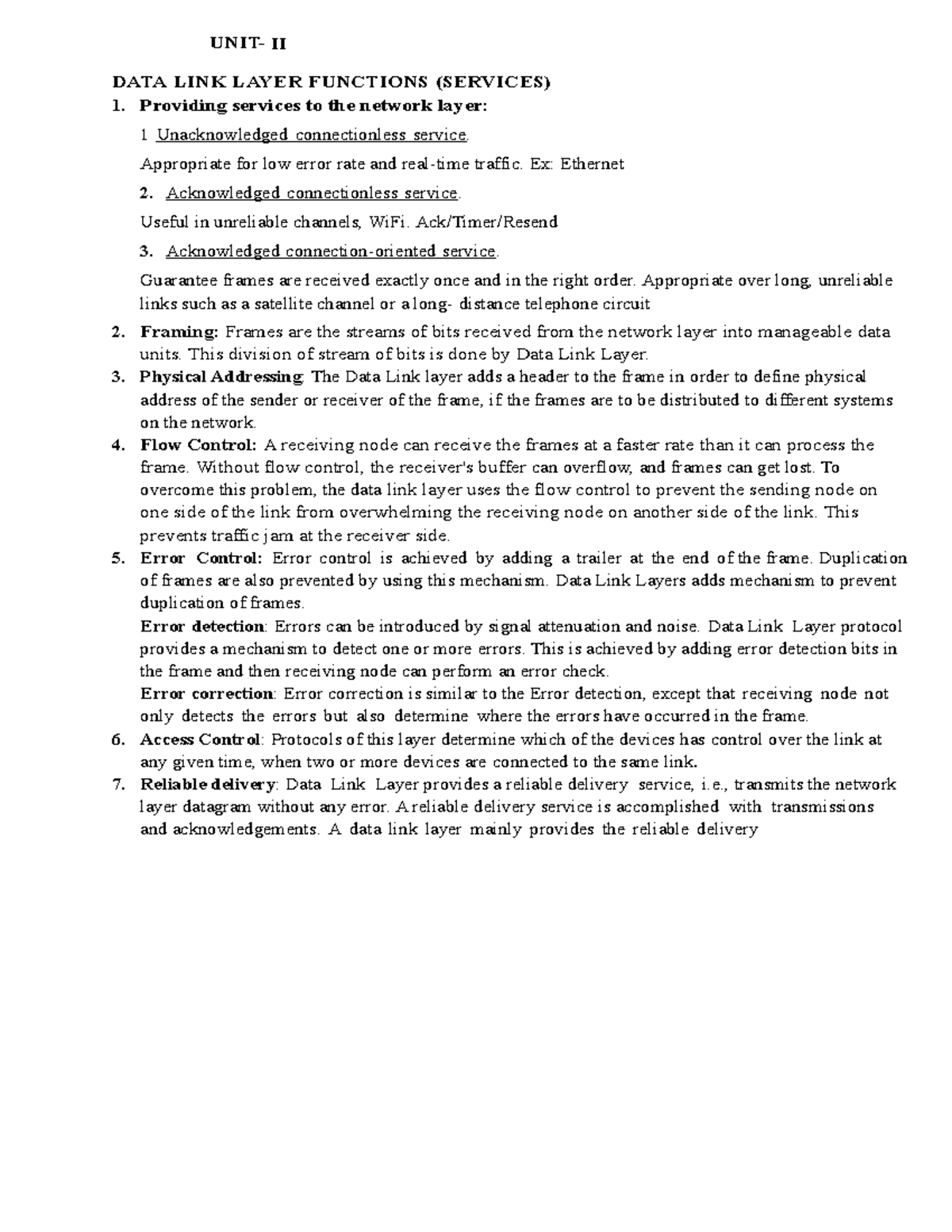 Computer Network and Security Unit 2 - UNIT- II DATA LINK LAYER FUNCTIONS (SERVICES) Providing ...