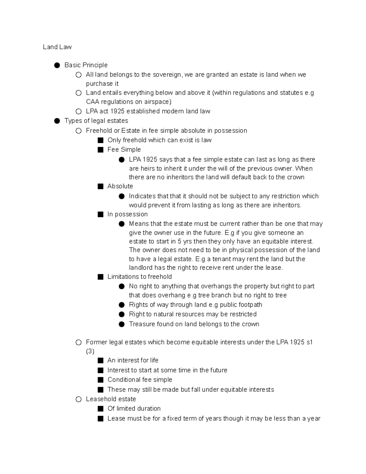 Land Law Revision Notes - Land Law Basic Principle All land belongs to ...