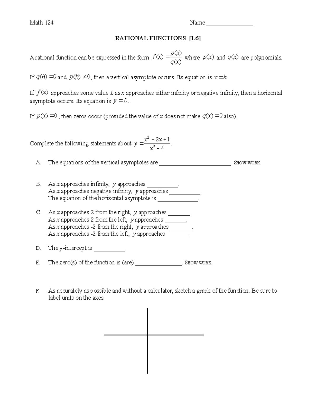 1-6 Rationals - Rational functions (1.6) - Math 124 Name RATIONAL ...