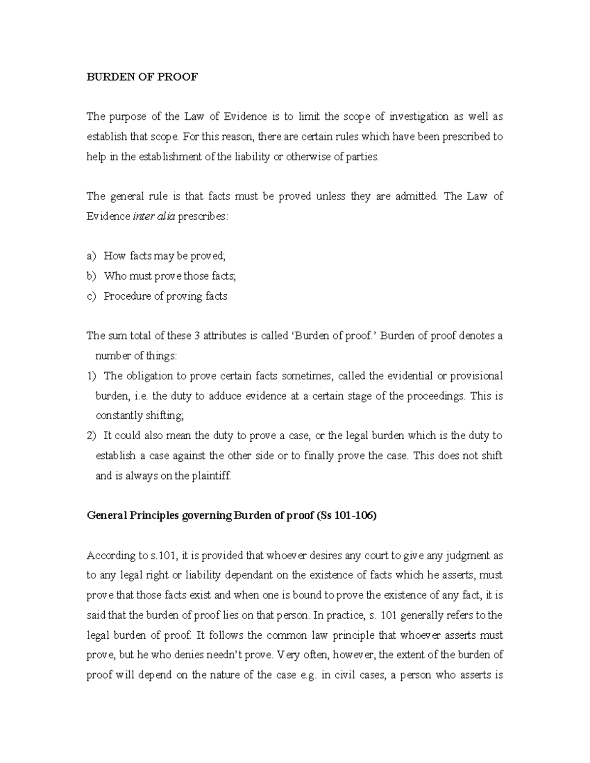 4. Burden OF Proof - Notes for evidence - BURDEN OF PROOF The purpose ...