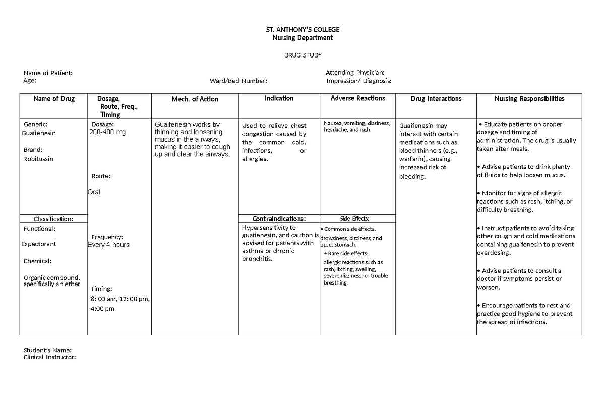 Drug-Study-Form - Name of Patient: Age: ST. ANTHONY’S COLLEGE Nursing ...