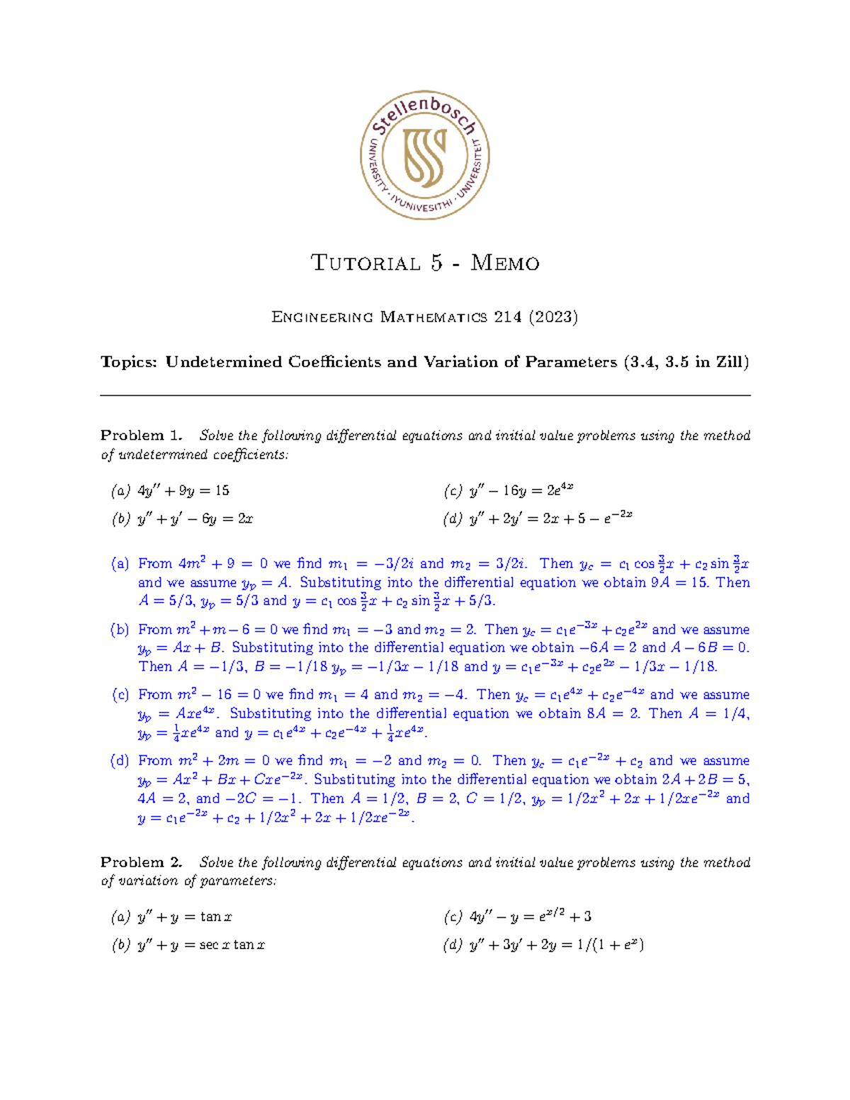 Memo 5 (EM 214) - tut memo - Tutorial 5 - Memo Engineering Mathematics 214 (2023) Topics: - Studocu
