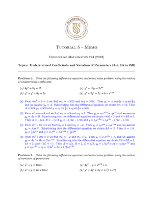 Tutorial 3 Memo - tut memo - Tutorial 3 Memo Engineering Mathematics 214 (2023) Topic: Theory of ...
