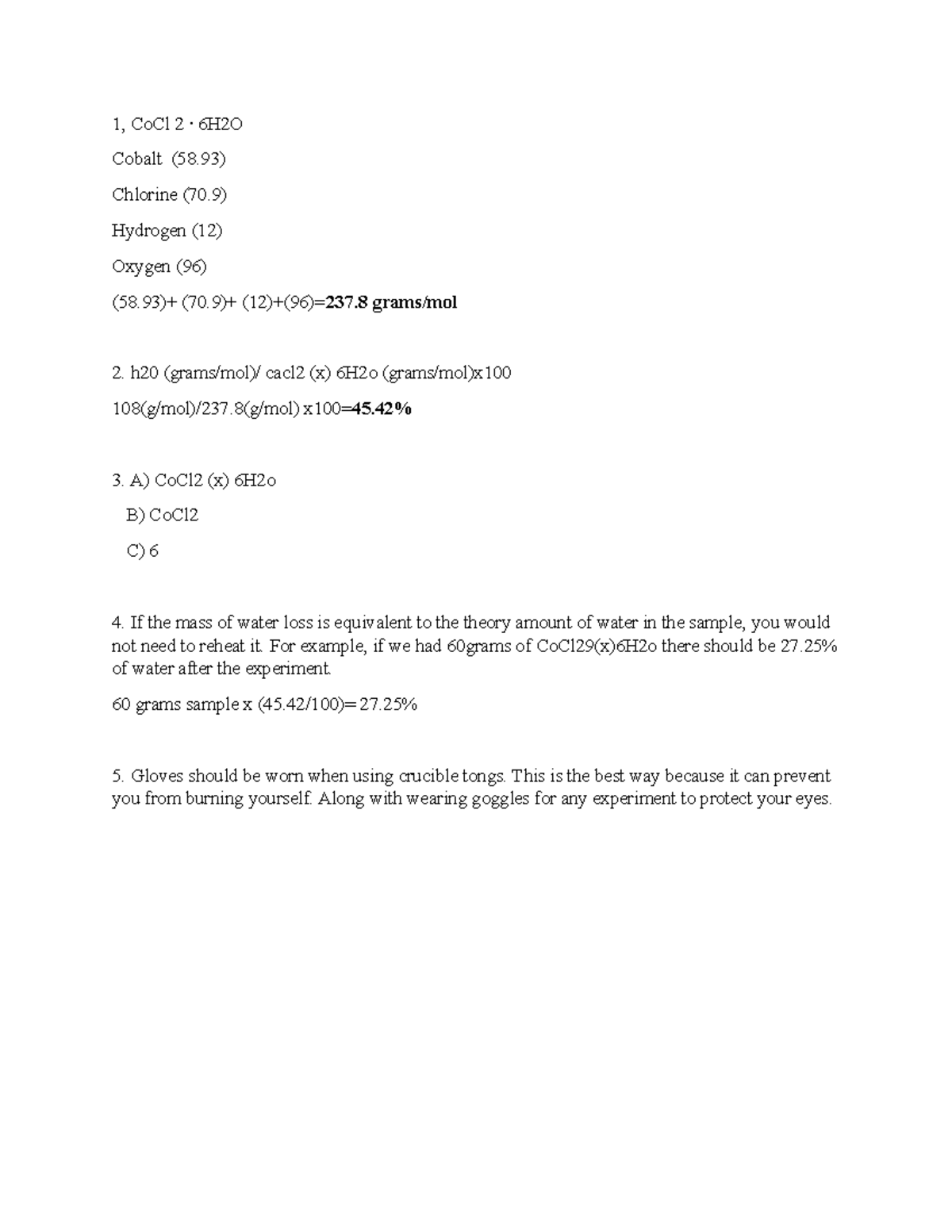 Hydrates Prelab - 1, CoCl 2 · 6H2O Cobalt (58) Chlorine (70) Hydrogen ...