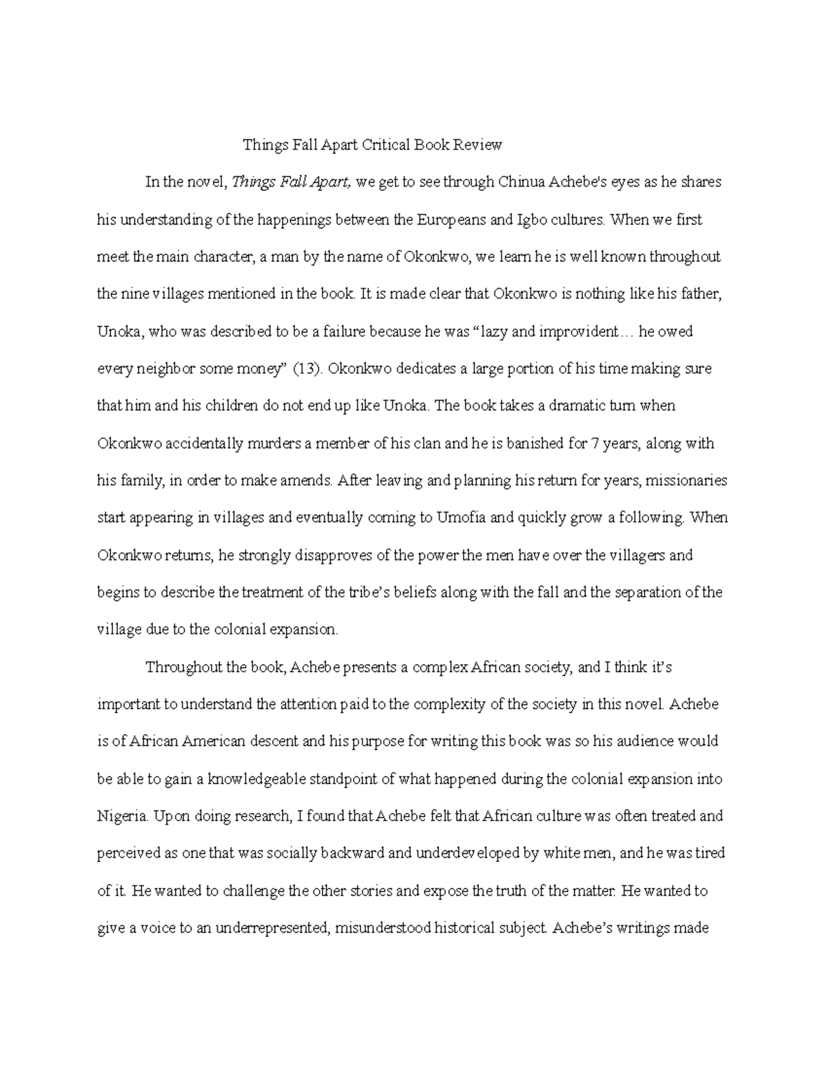 Things Fall Apart Book Review - Things Fall Apart Critical Book Review ...