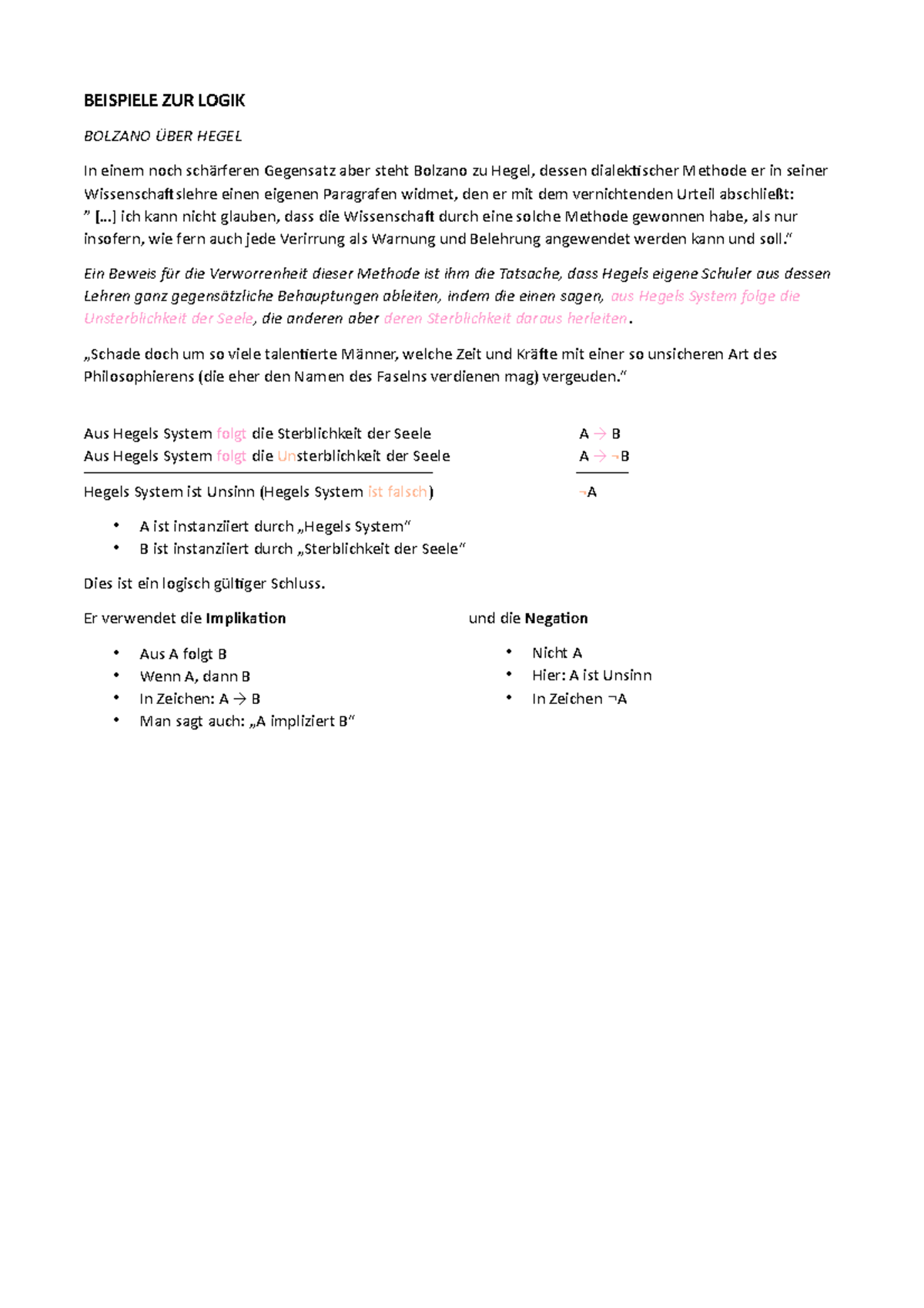 V2 Logik - Beispiel und Begriff - BEISPIELE ZUR LOGIK BOLZANO ÜBER ...