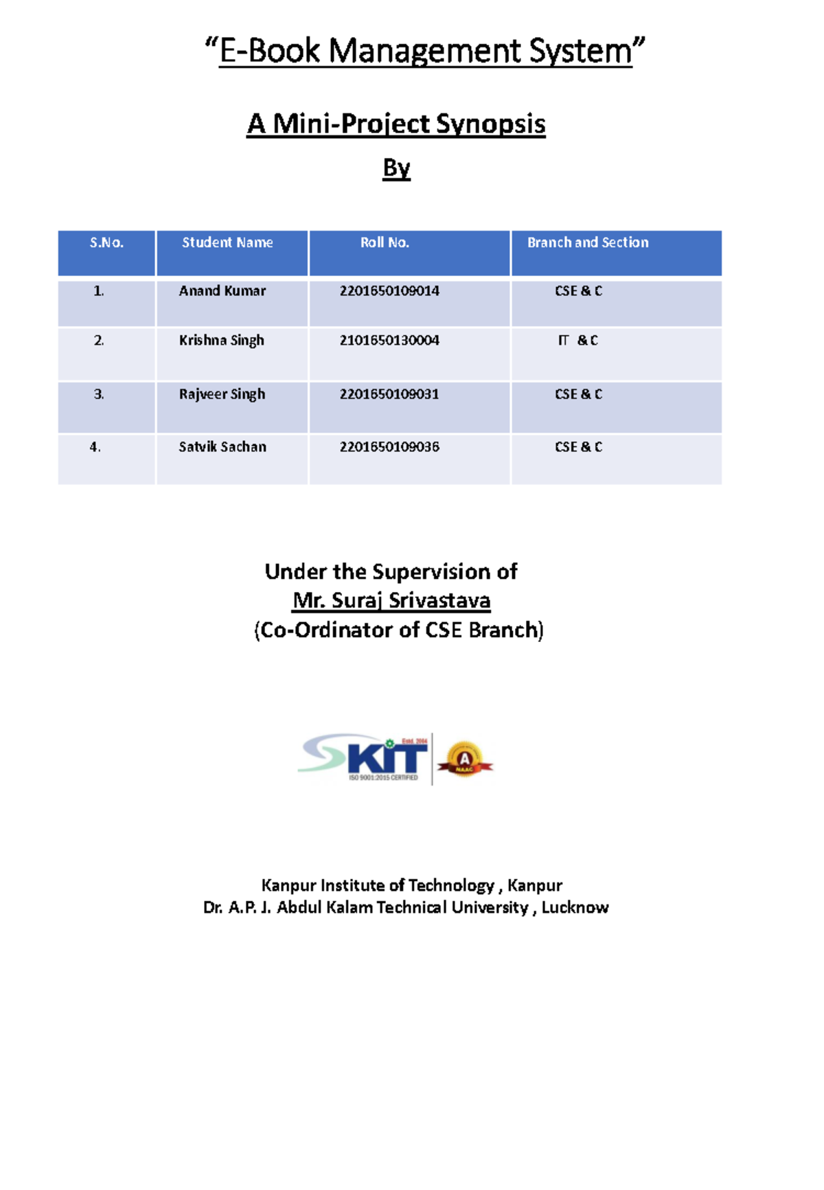 Mini Project Synopsis - Complete File - “E-Book Management System” A Mini-Project Synopsis By S ...