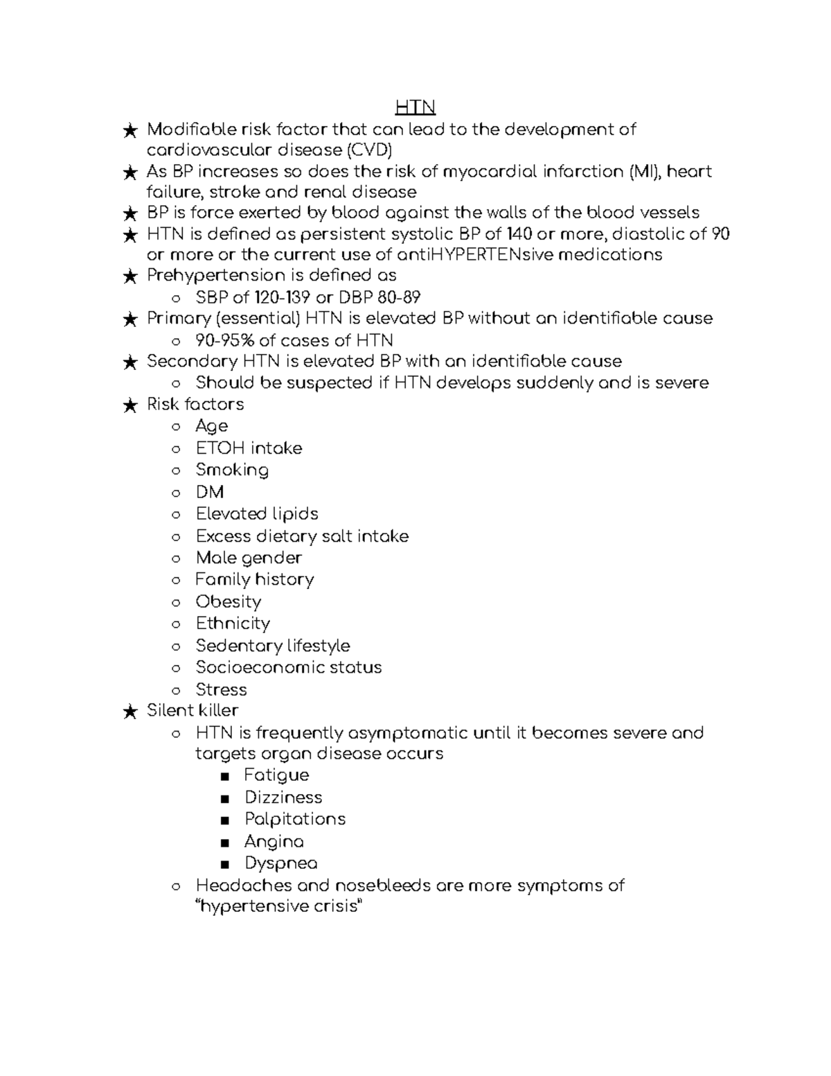 HTN - Professor: Kelli Fuller - HTN ★ Modifiable risk factor that can ...