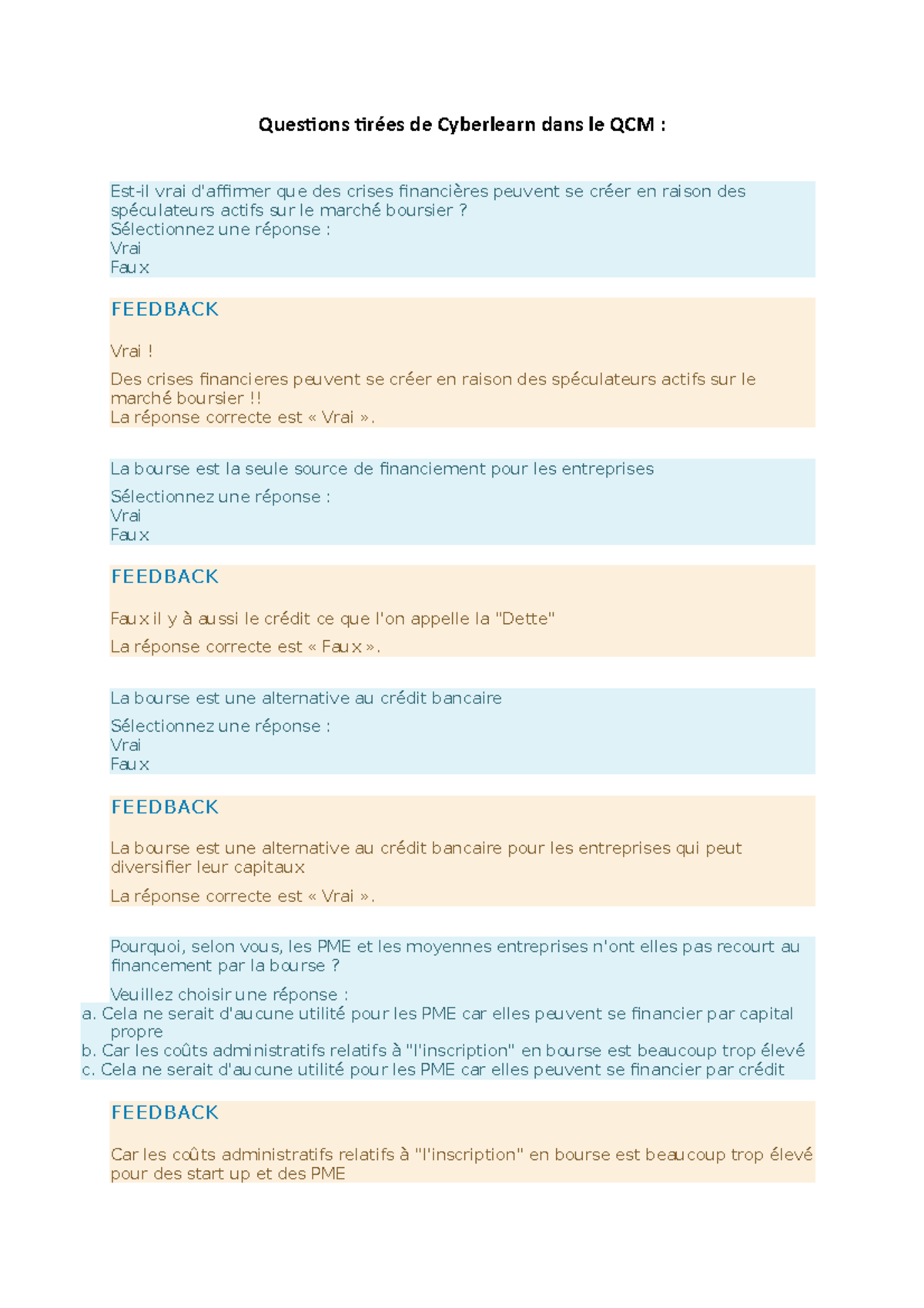 QCM de Cyberlearn B&F - Résumé Finance de Marché - Banque et Finance ...