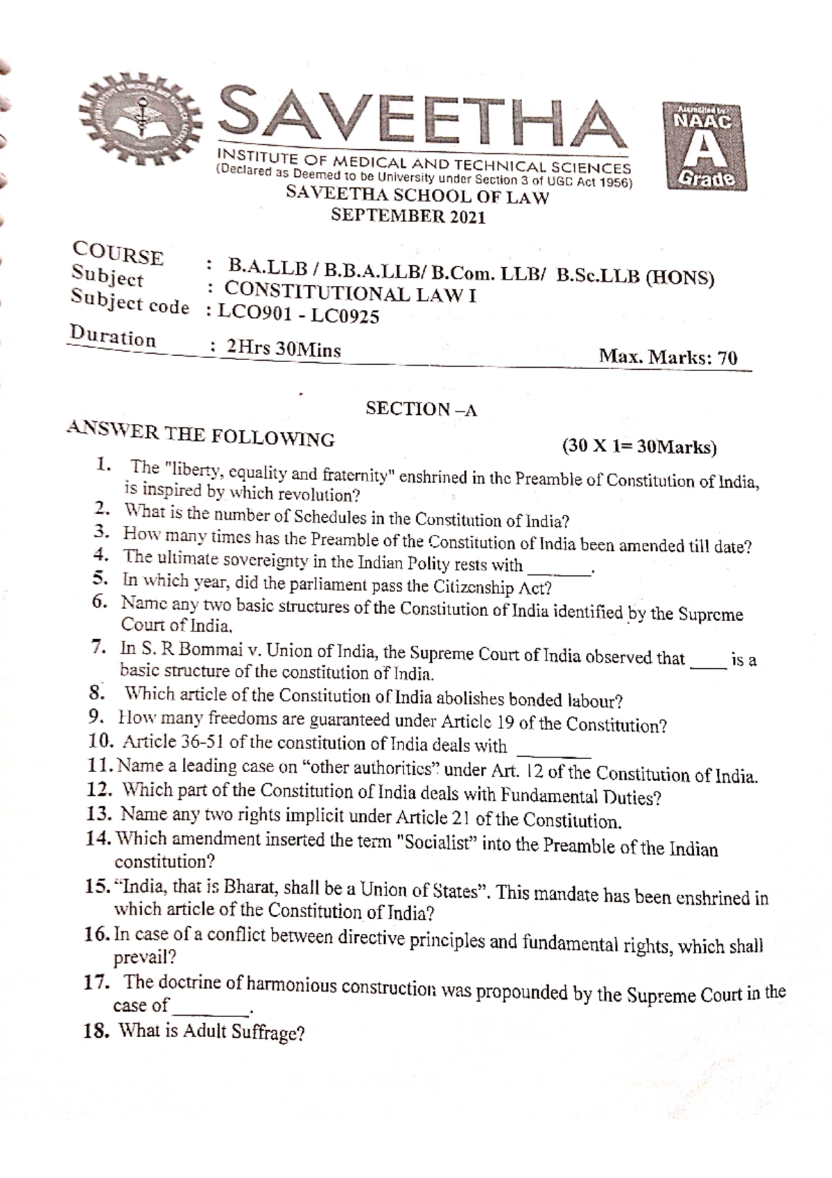 14 - Sample question paper for consti 1 - Constitution Law - Studocu