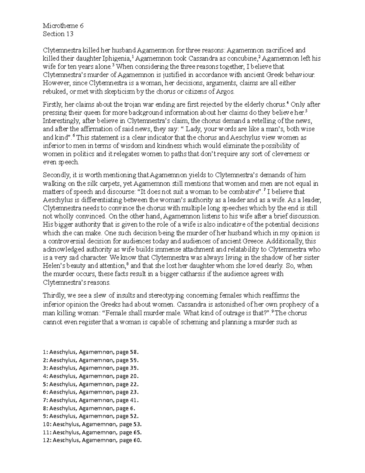 Micro 6 - Microtheme 6 Section 13 Clytemnestra killed her husband ...