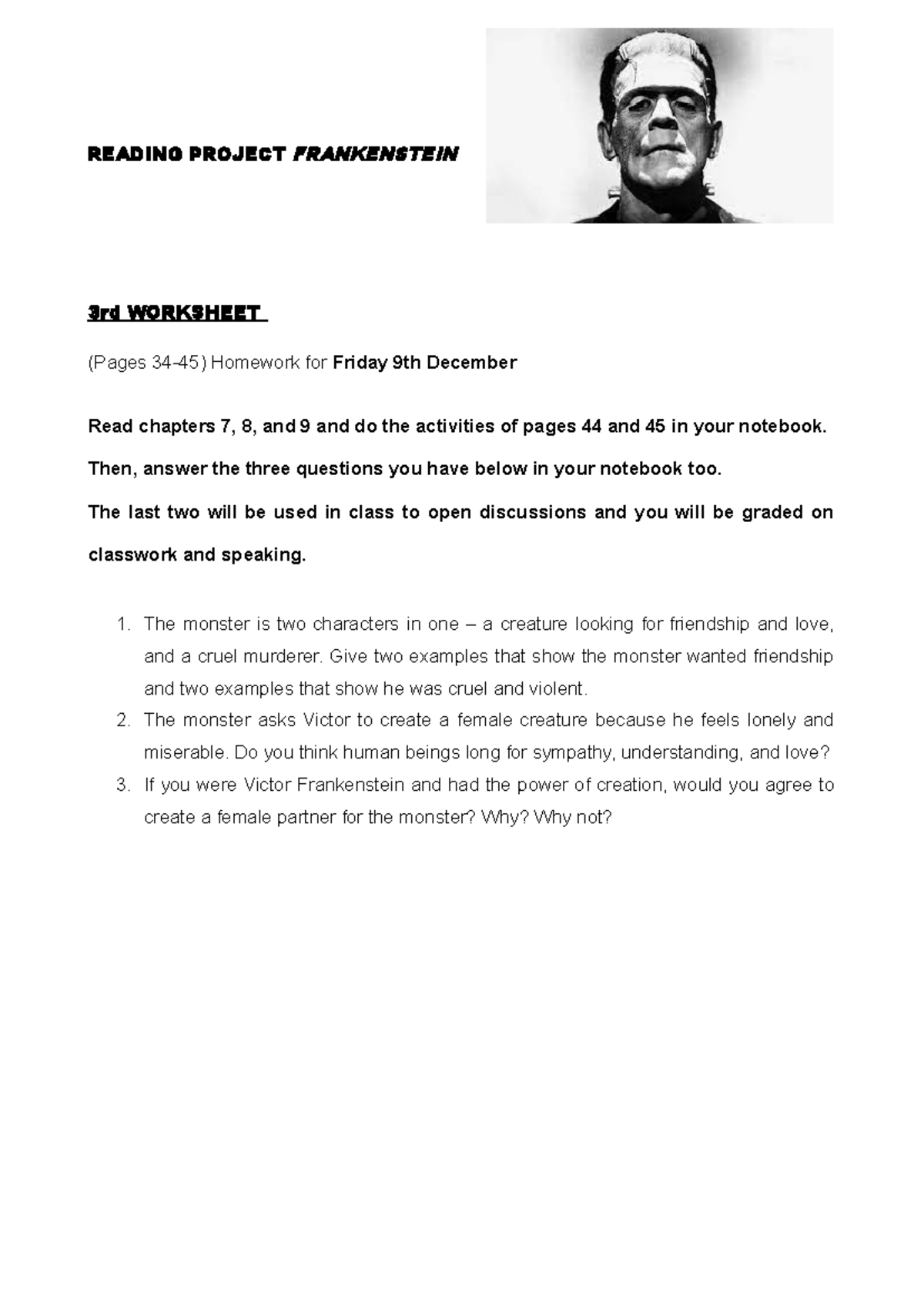 Frankenstein 3rd Worksheet - READING PROJECT FRANKENSTEIN 3rd WORKSHEET ...