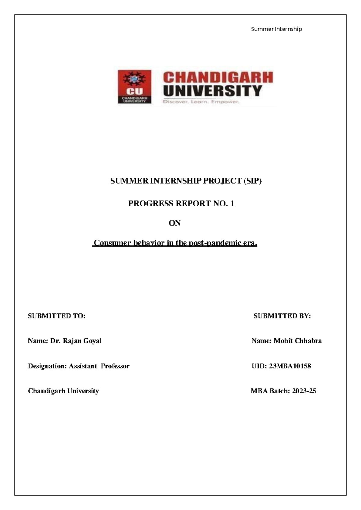 23 MBA 10158 Mohit Chhabra SIP Phase 1. - Summer Internship SUMMER ...