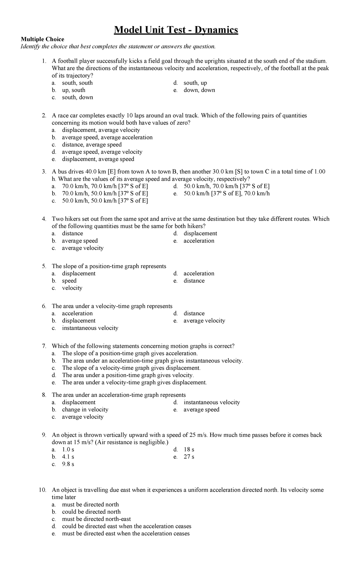 Test- Dynamics and forces - Model Unit Test - Dynamics Multiple Choice ...