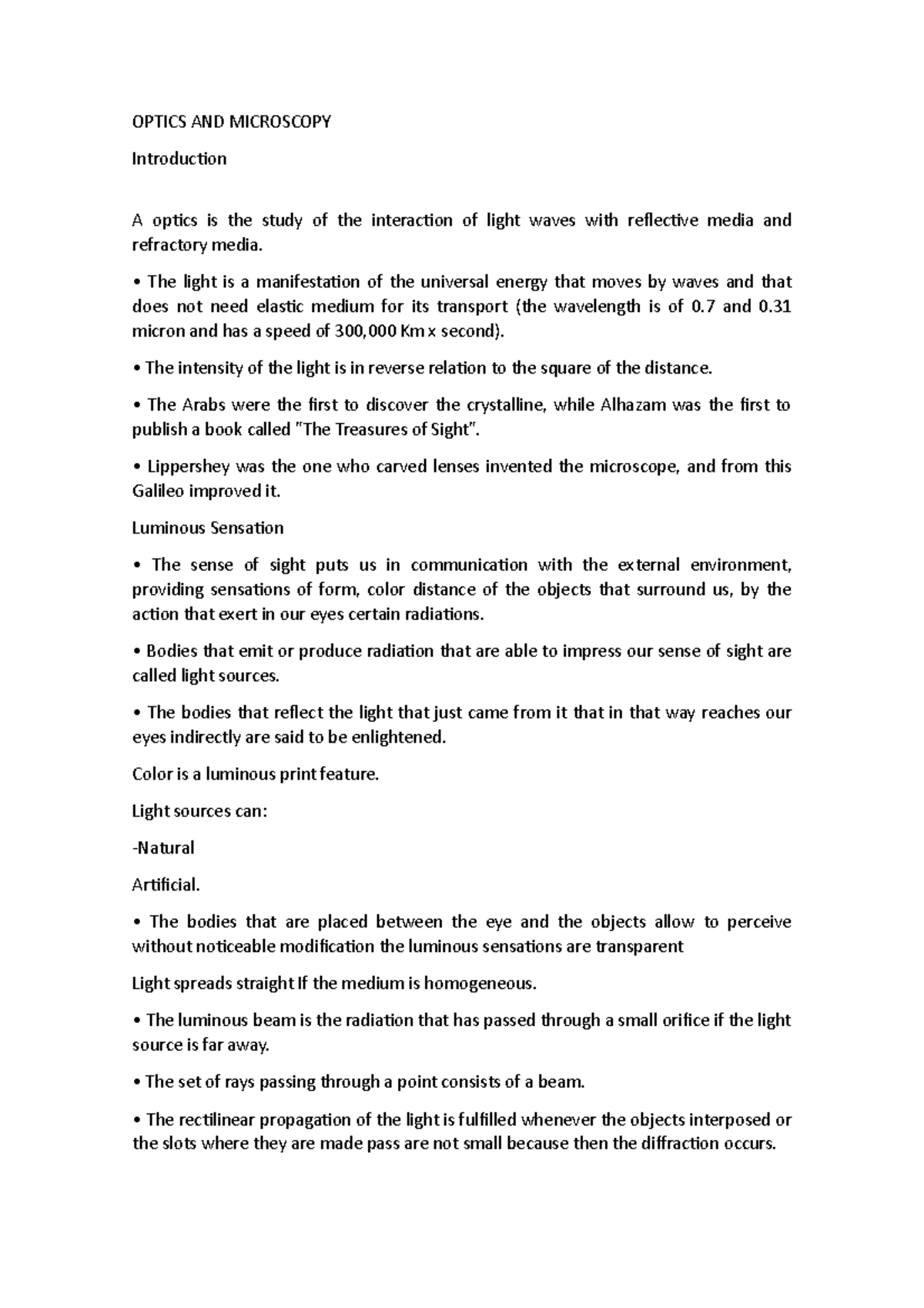 Optics AND Microscopy - Lecture notes 1 - OPTICS AND MICROSCOPY ...