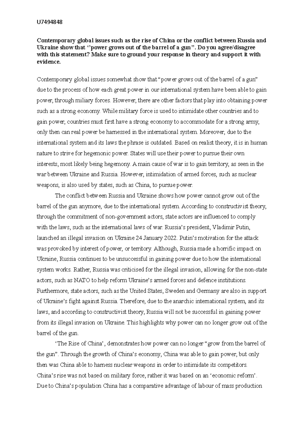 POLS1006 final exam - essays from exam - Contemporary global issues ...